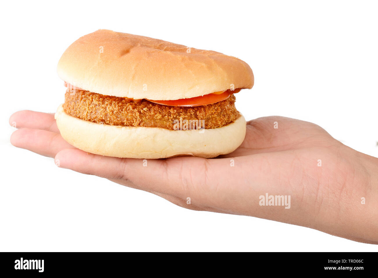 women hand holding burger isolated on white background, close-up, macro ...