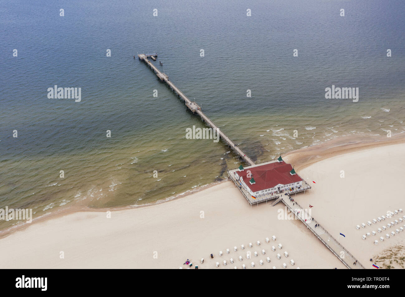 Aerial topdown view of the pier, shoreline of the Baltic Sea, northern ...