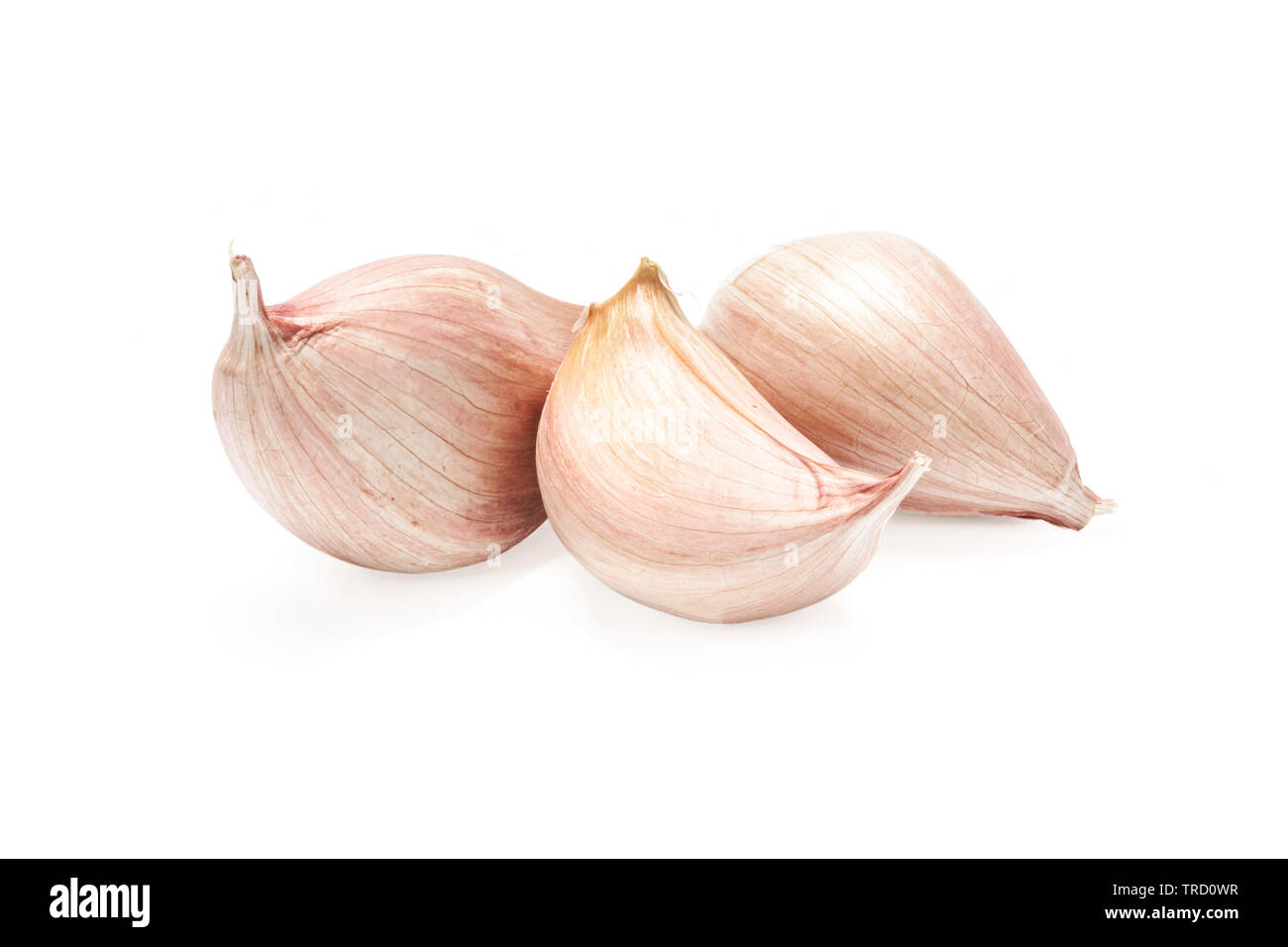 Three cloves of garlic isolated on a white background in close-up Stock ...