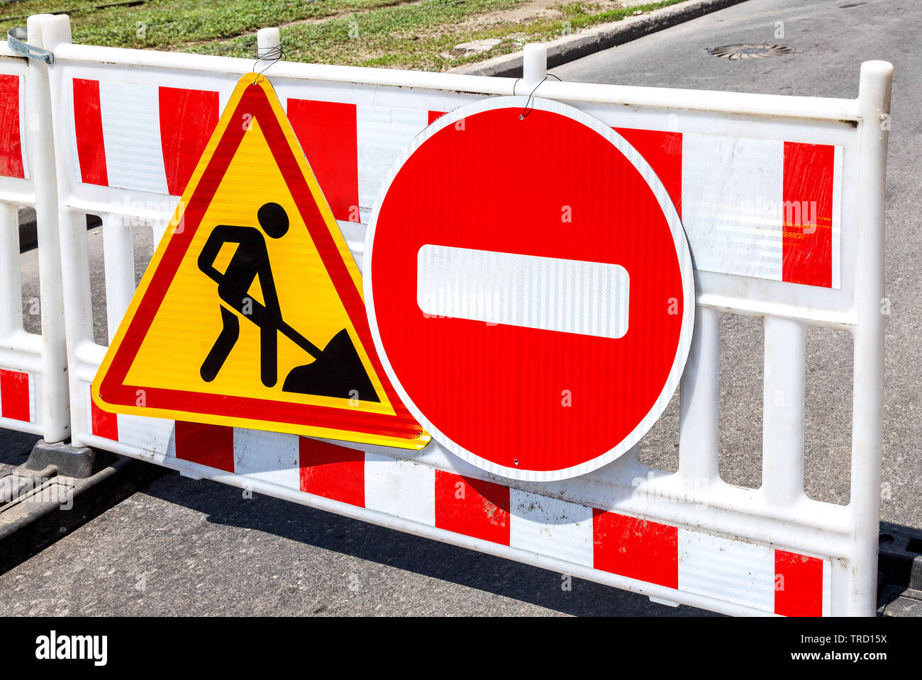 Road works traffic sign at the city street, stop sign! Road under ...