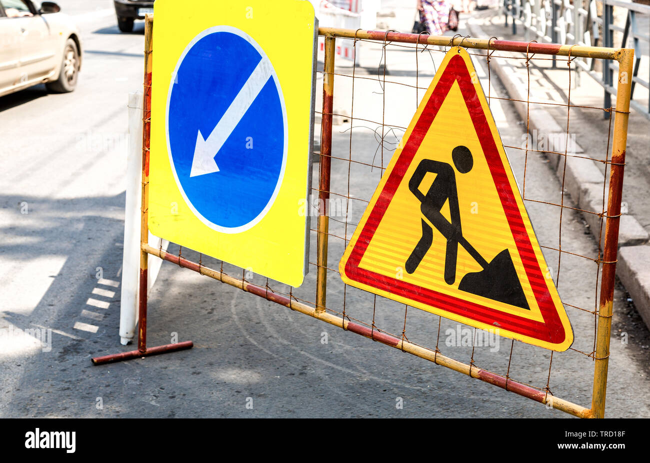Traffic sign at the construction site. Keep left road sign at the city ...