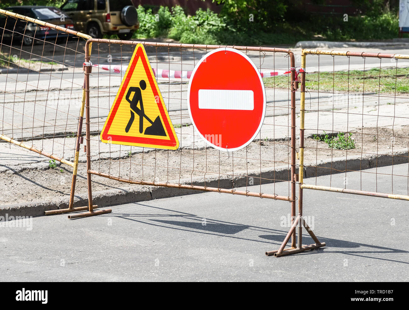Road works traffic sign at the city street, stop sign! Road under ...
