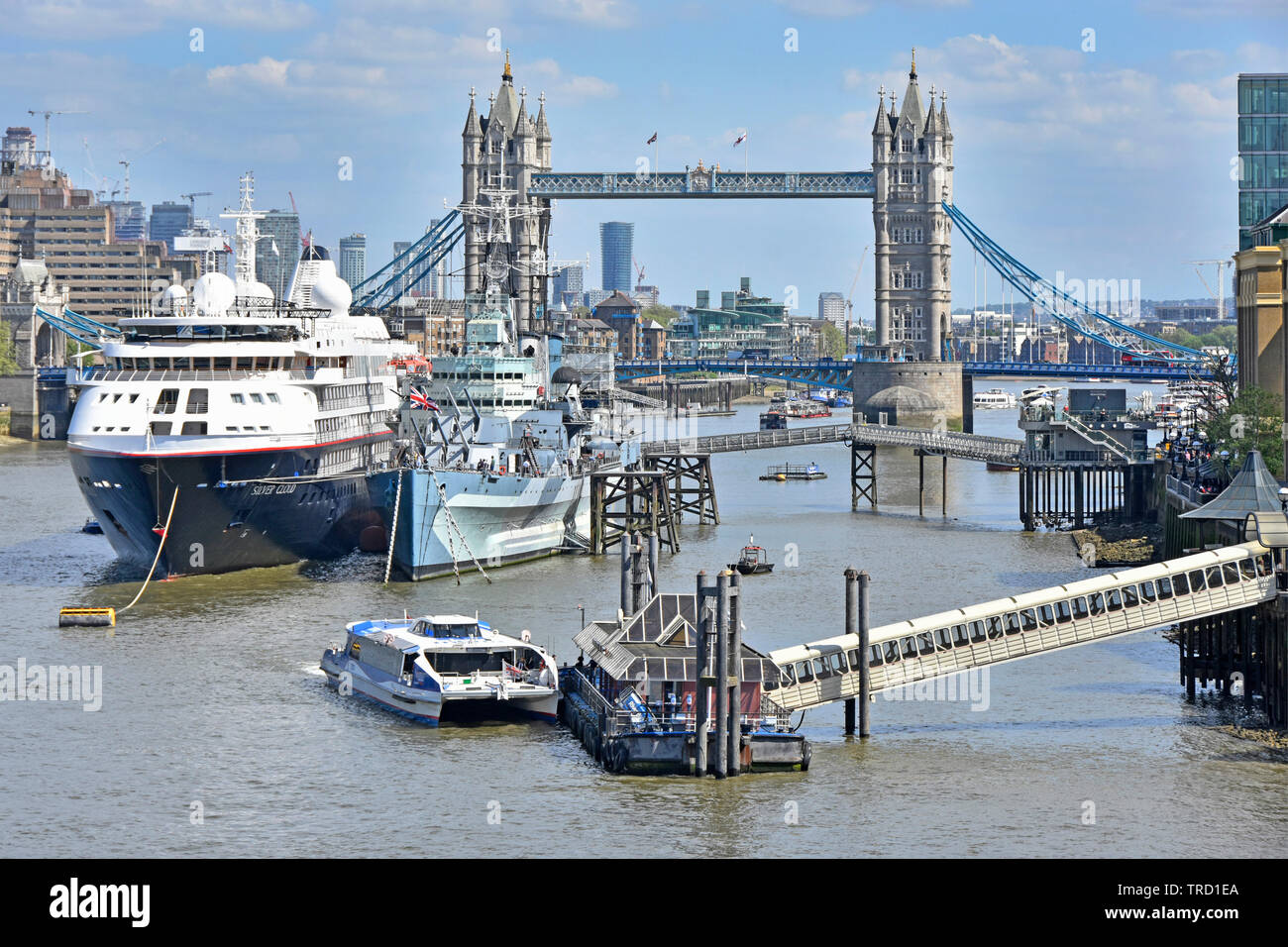 River Thames Clipper catamaran boat at London Bridge City Pier in Pool ...
