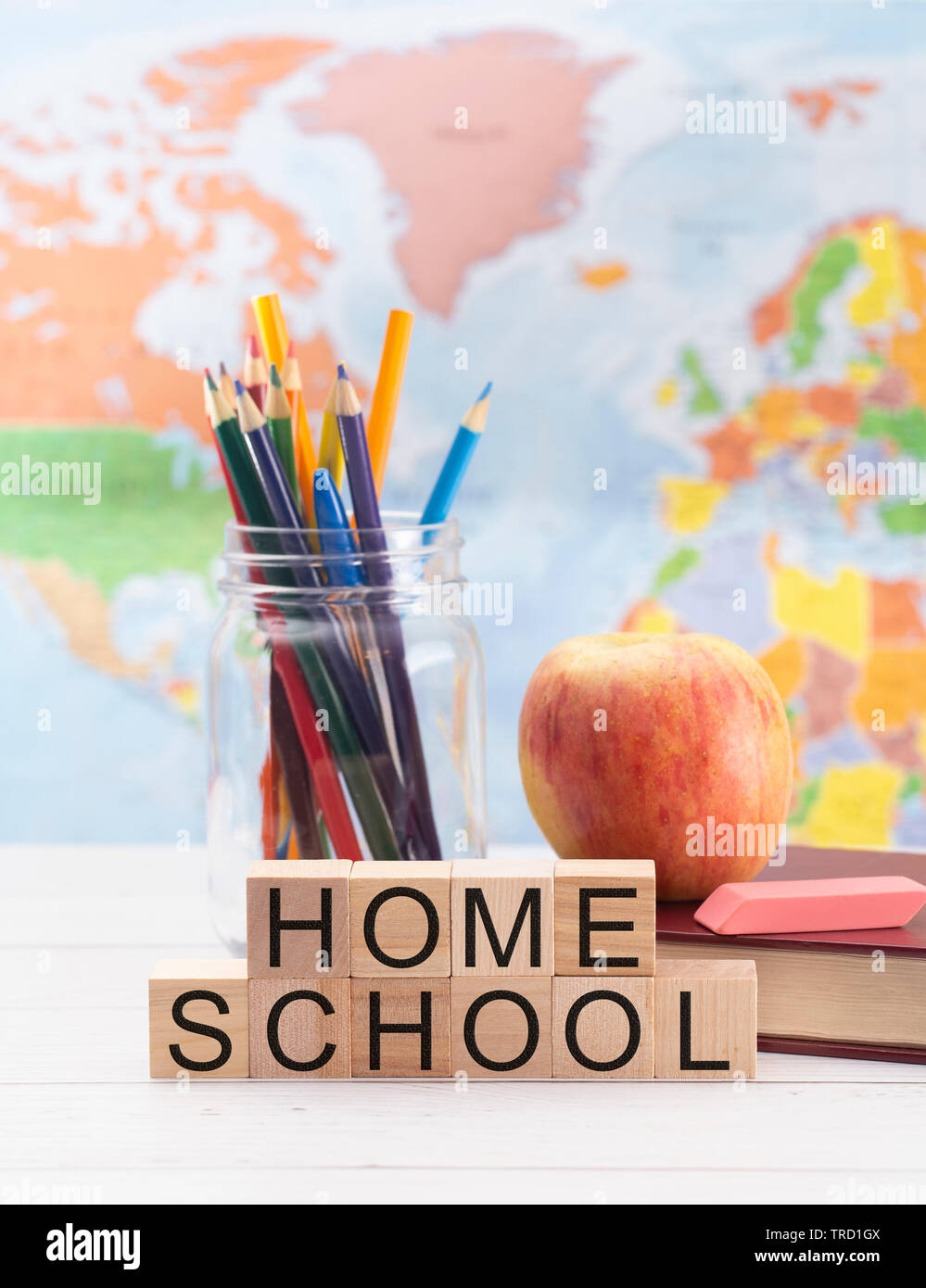 Home Schooling Background with School Supplies and a World Map Stock ...