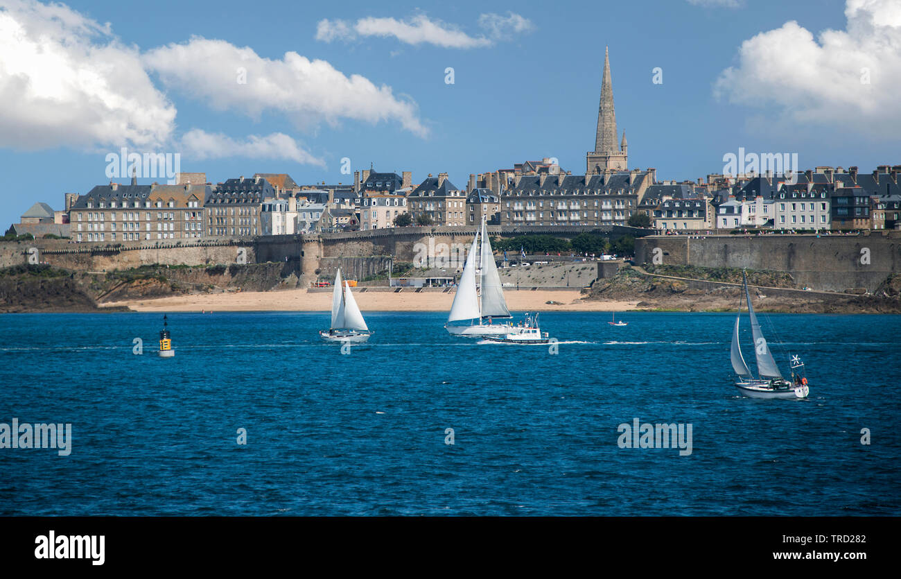 Sailboats on Rance River Estuary and Saint-Malo Skyline, Brittany ...