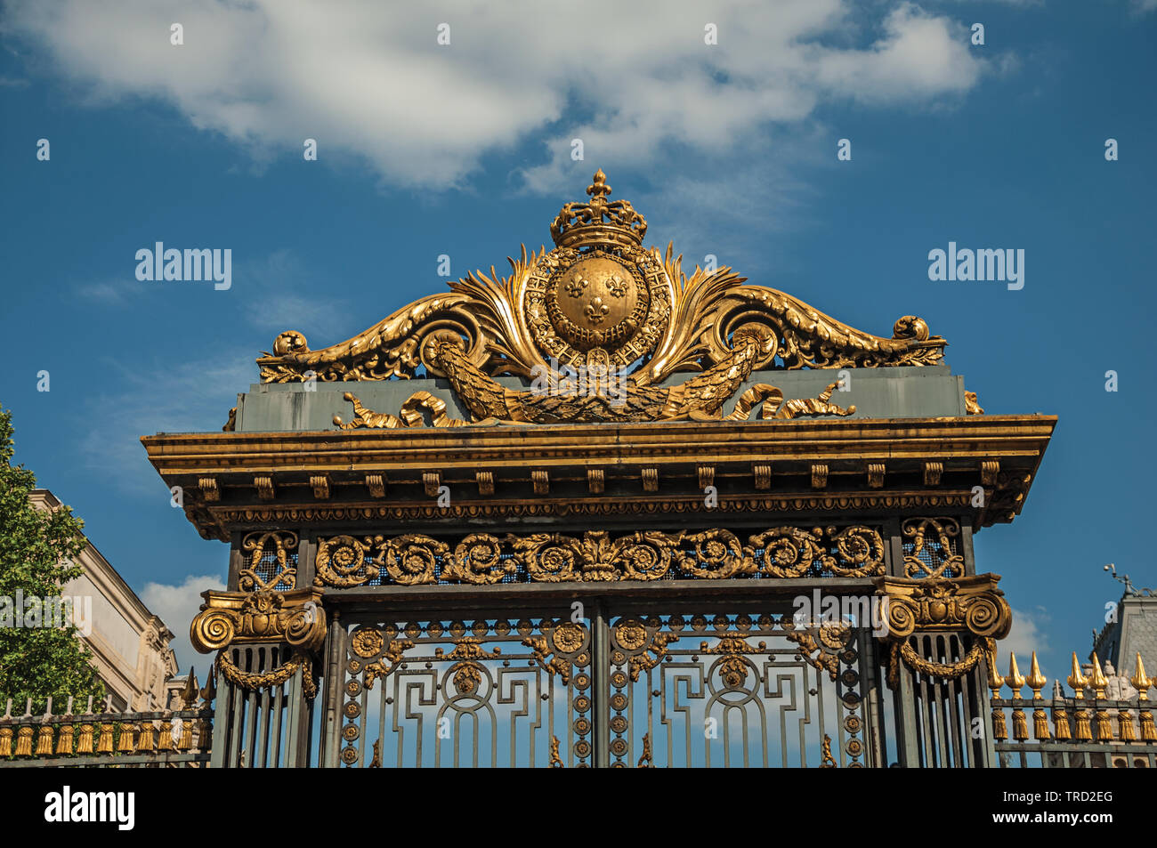 Golden iron gate and fence lavishly decorated under sunny blue sky in ...