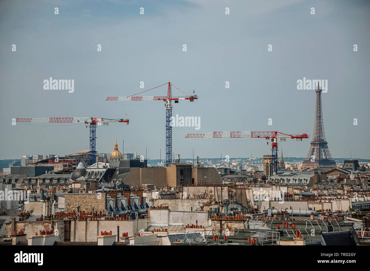 Close-up of buildings rooftops, cranes and Eiffel Tower on the horizon ...