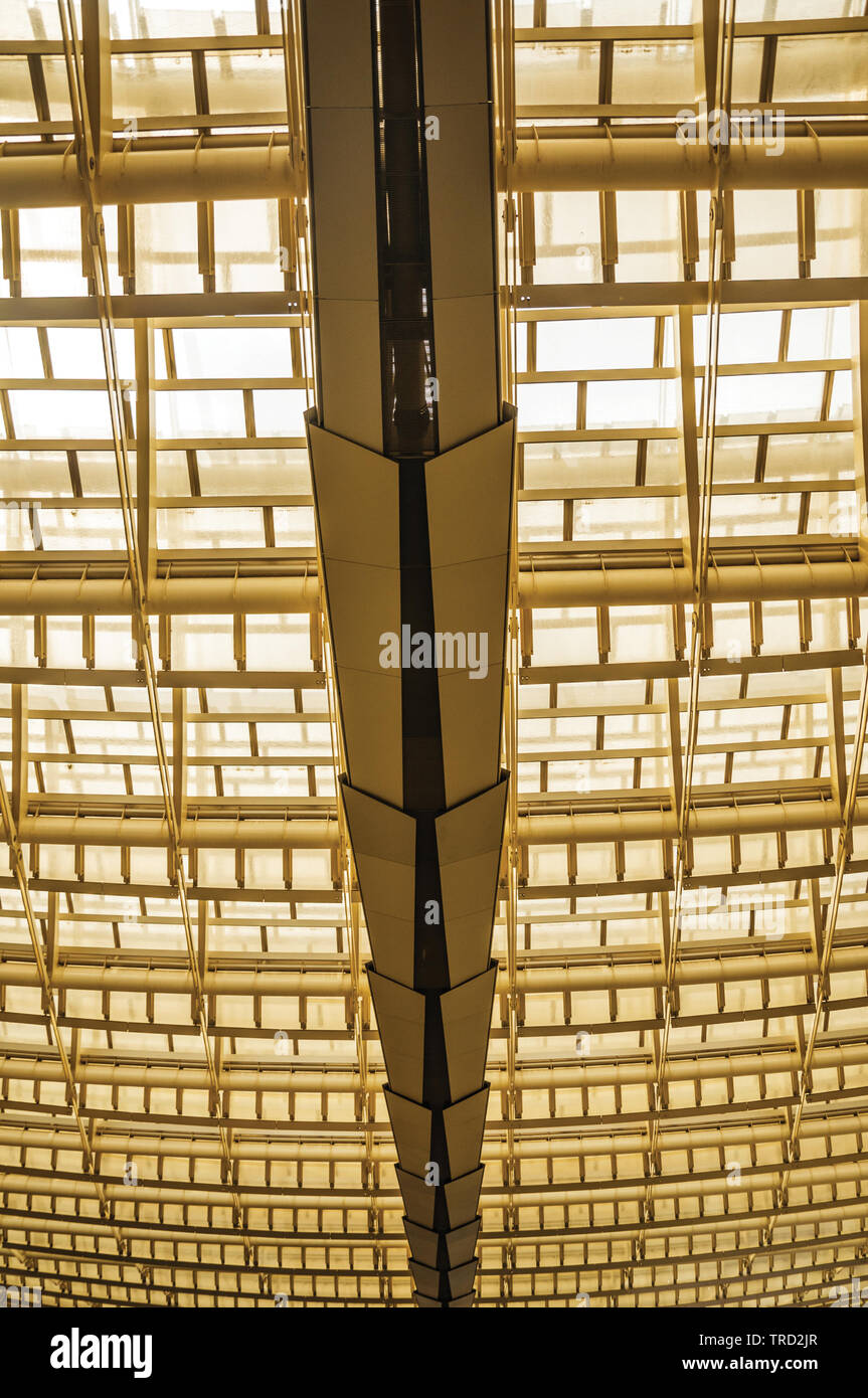 View of glass and steel ceiling structure in shopping mall of Paris ...