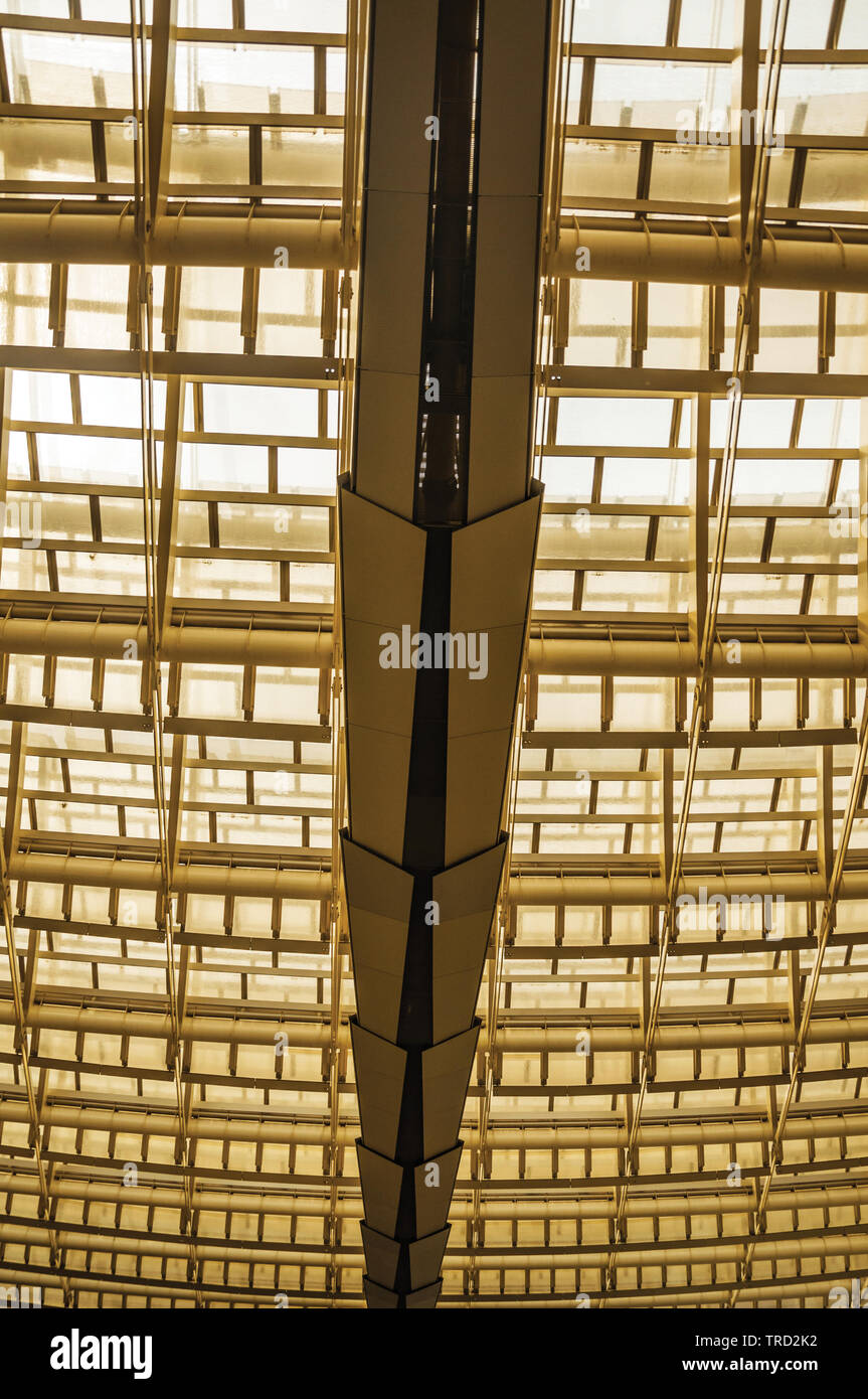 View of glass and steel ceiling structure in shopping mall of Paris ...