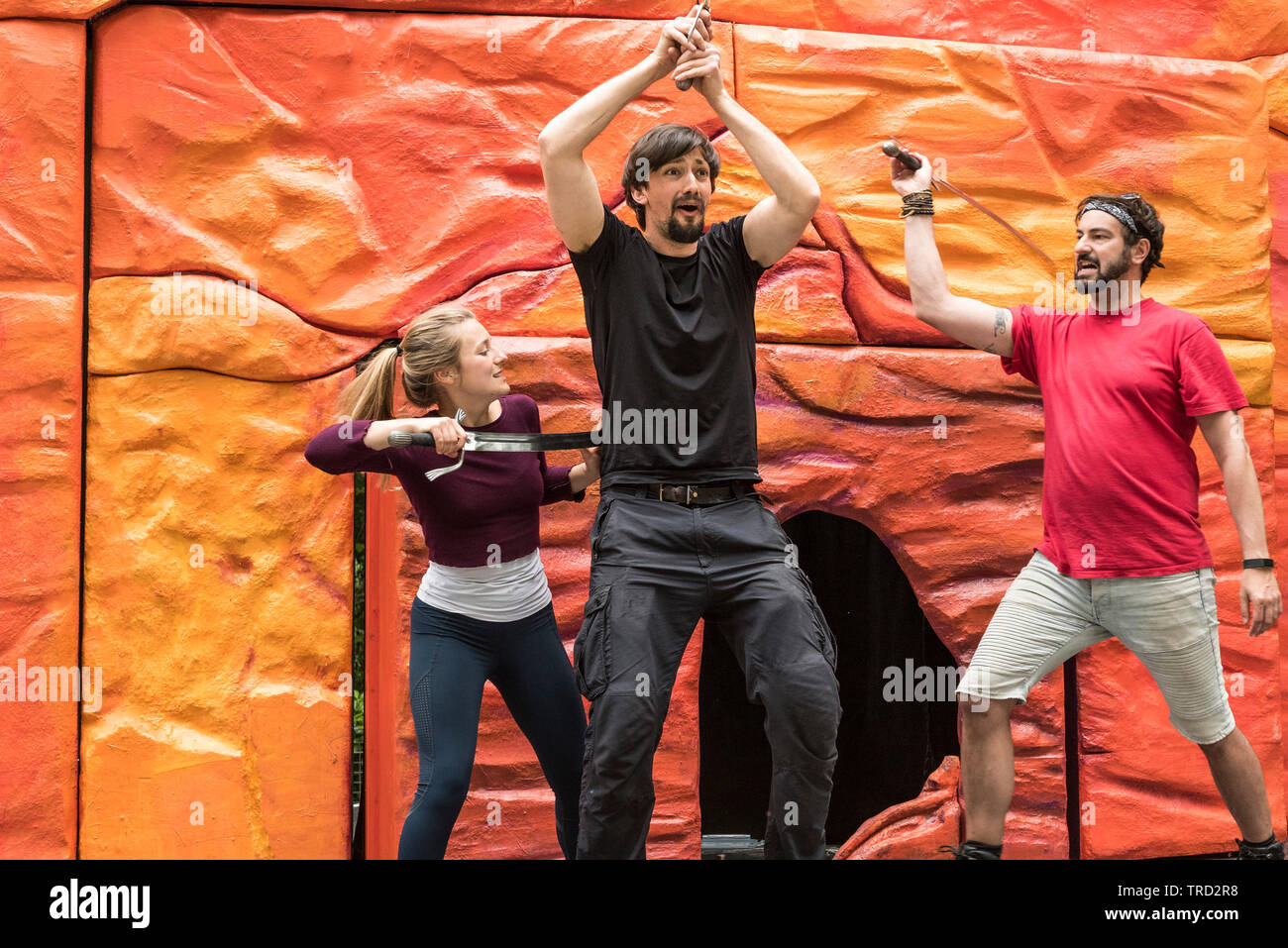 Actors rehearsing a fight scene for a theatre production Stock Photo ...