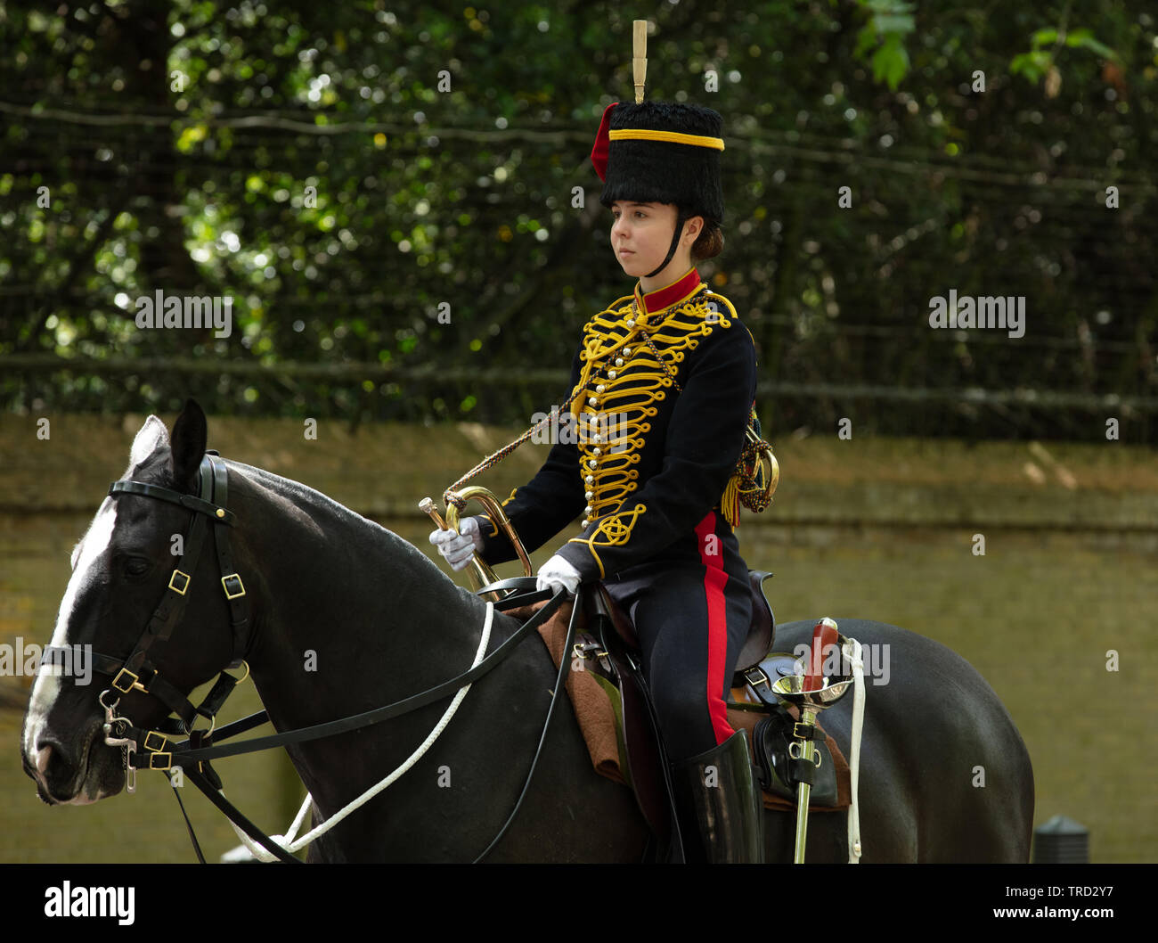 London, UK. 3rd June 2019. Female member of The Kings Troop Royal Horse ...