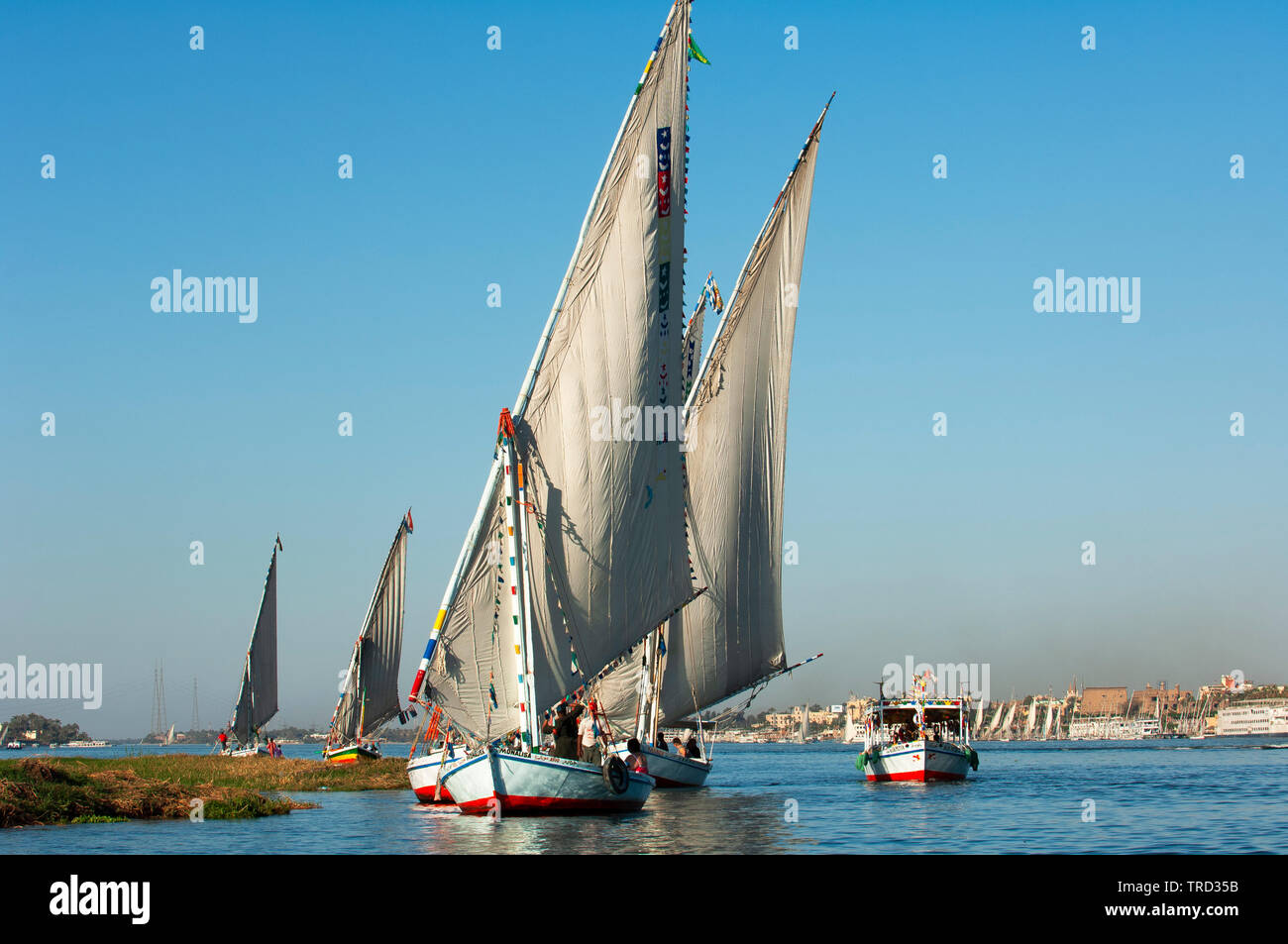 Feluccas and small tourist boats on the Nile at Luxor, Egypt Stock ...