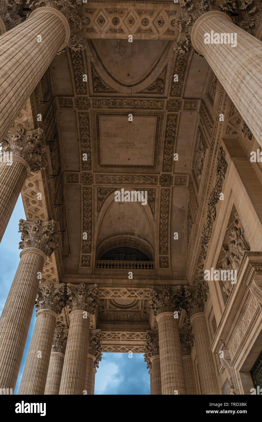 Columns at the Pantheon entrance in neoclassical style and blue sky in ...