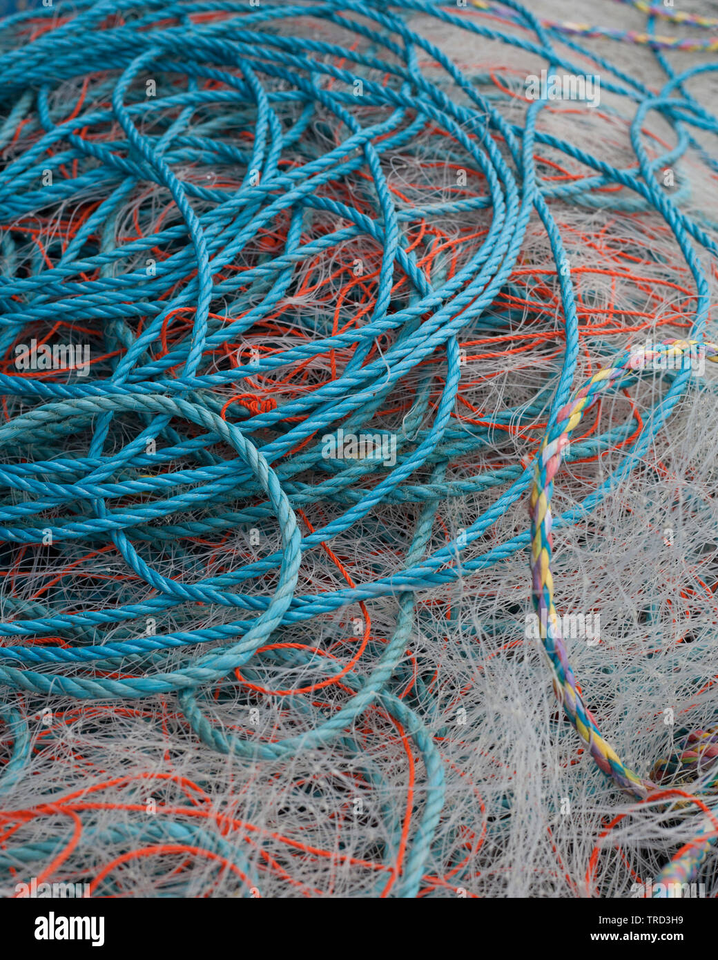 Tangled nets/tangle of nets in Mevagissey harbour Cornwall UK Stock ...