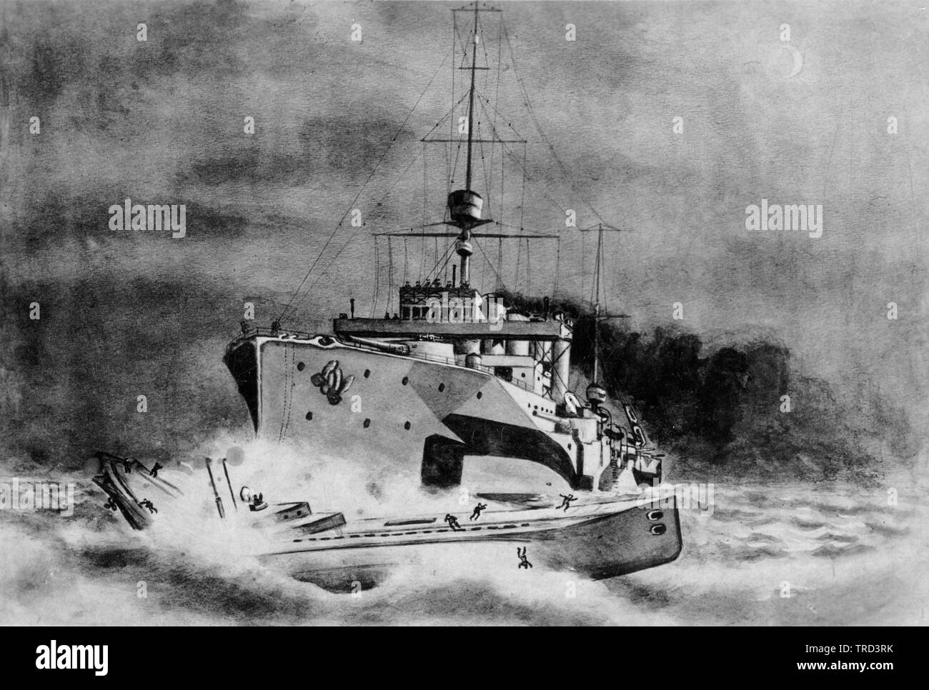Contemporary artists impression of the Royal Navy cruiser HMS Roxburgh ...