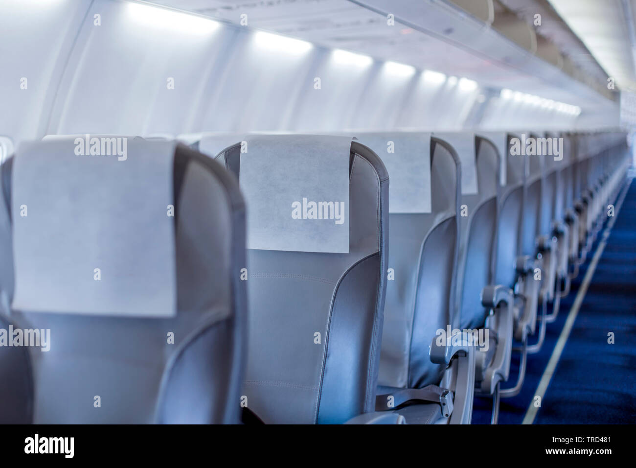 perspective view of empty aircraft seats and lights Stock Photo - Alamy