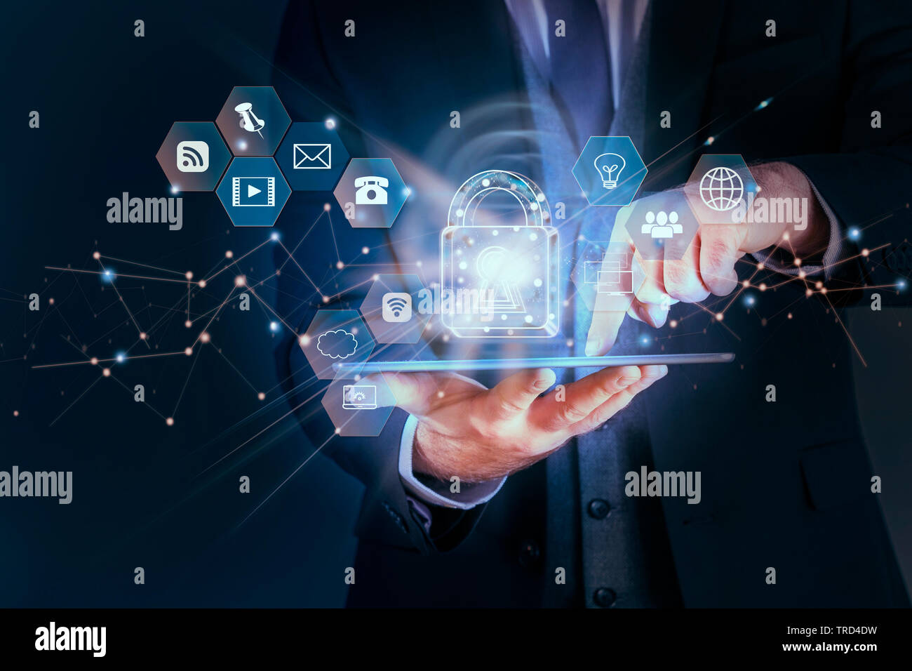 Businessman protecting data personal information on tablet, Data ...