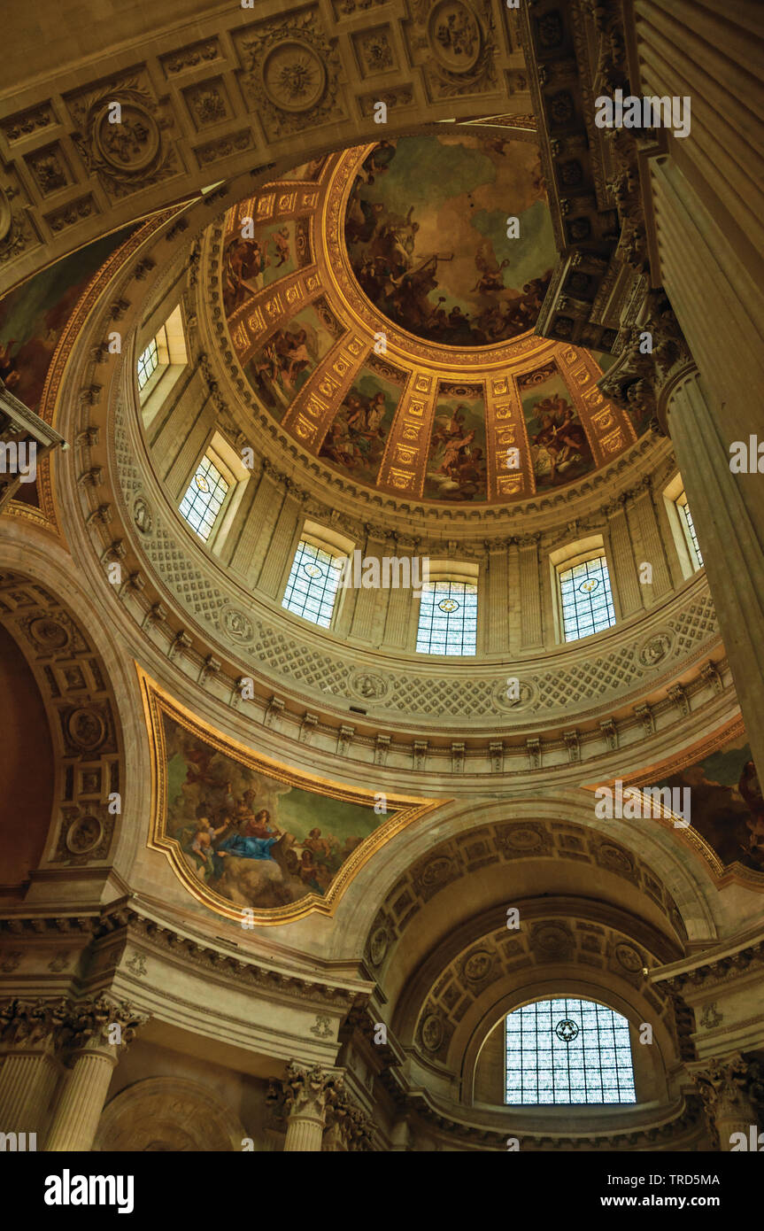 Inside view of the richly decorated dome of the Les Invalides Palace in ...