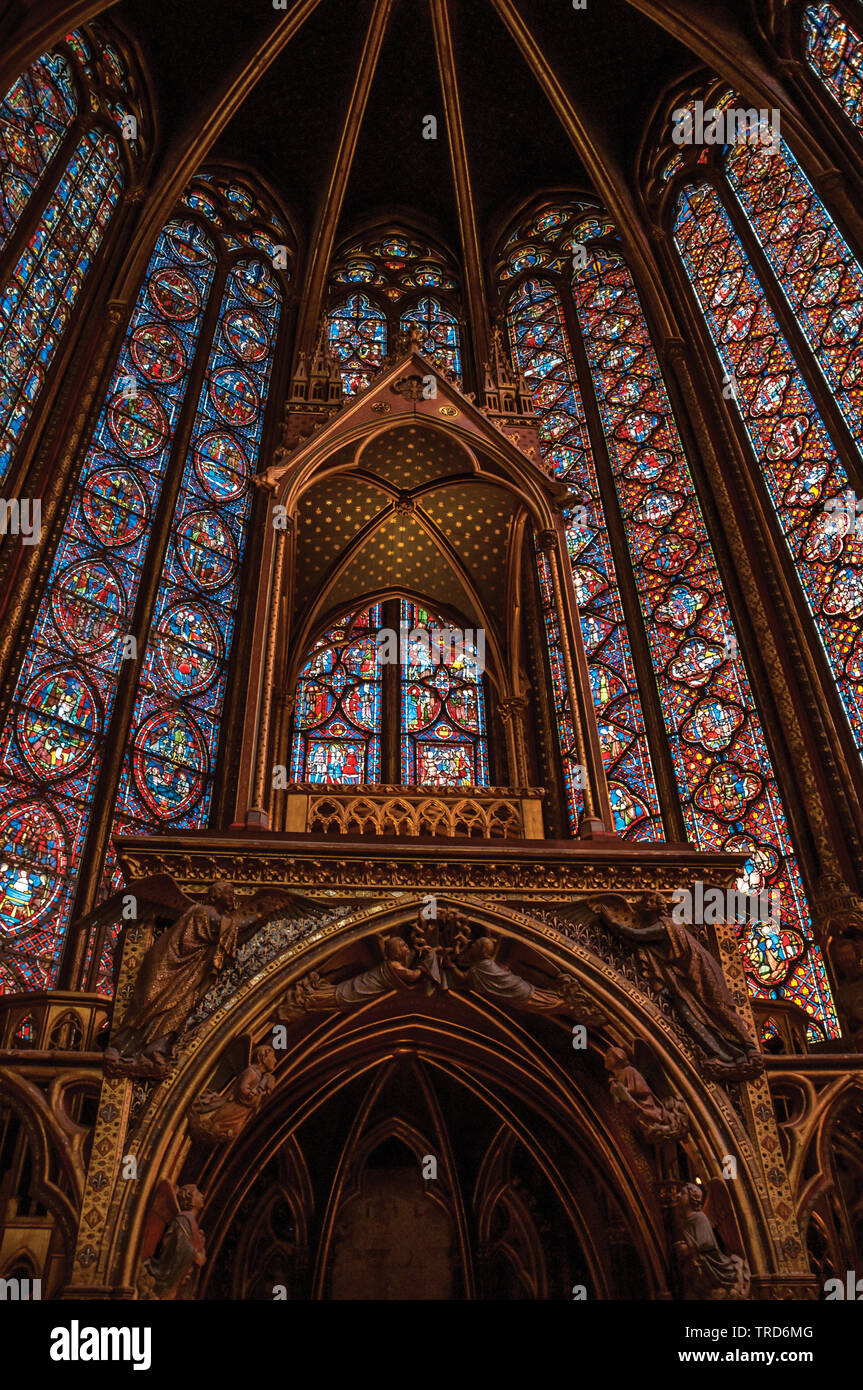 Stained glass windows and baldachin at the Sainte-Chapelle (church) in ...