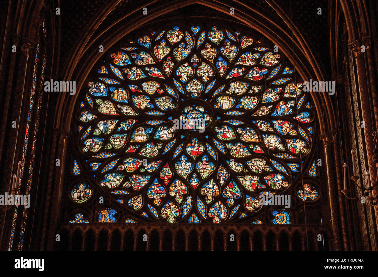 Colorful stained glass window at the gothic Sainte-Chapelle (church) in ...