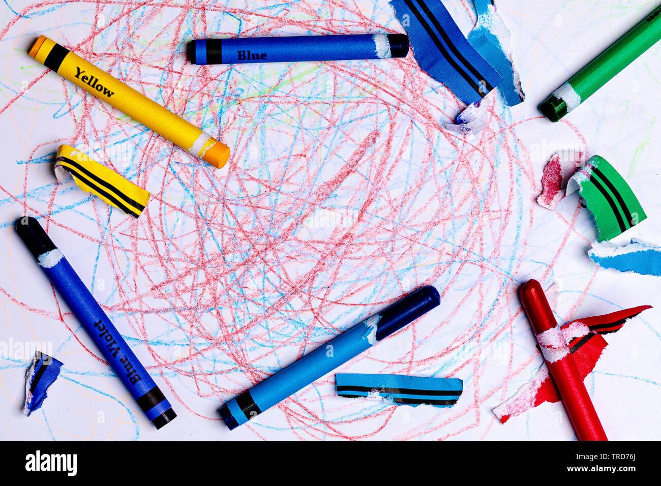 A Child's Crayon Drawing/scribbles with Generic Crayons and torn lable ...