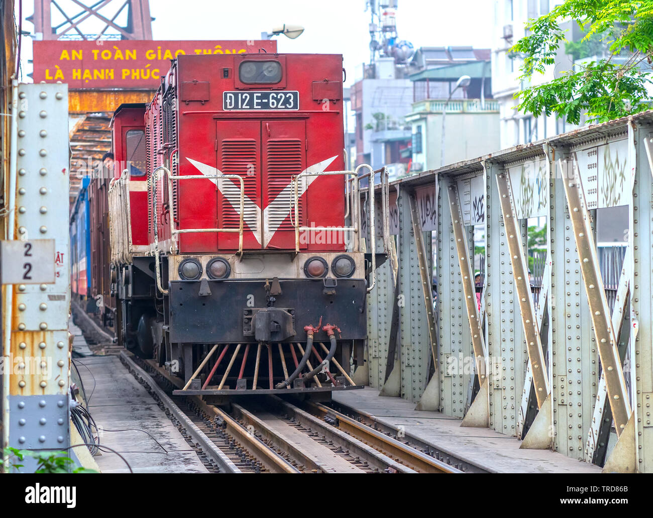 Train running on ancient railway on Long Bien bridge, this is the ...
