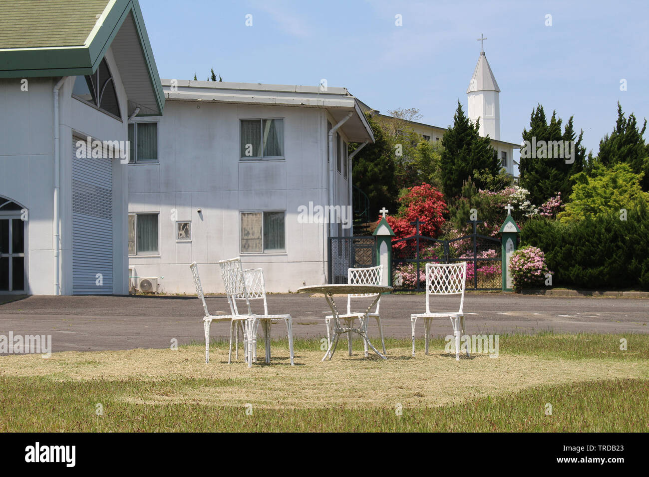 Empty chairs and Church of Trappist Monastery of Our Lady of the ...