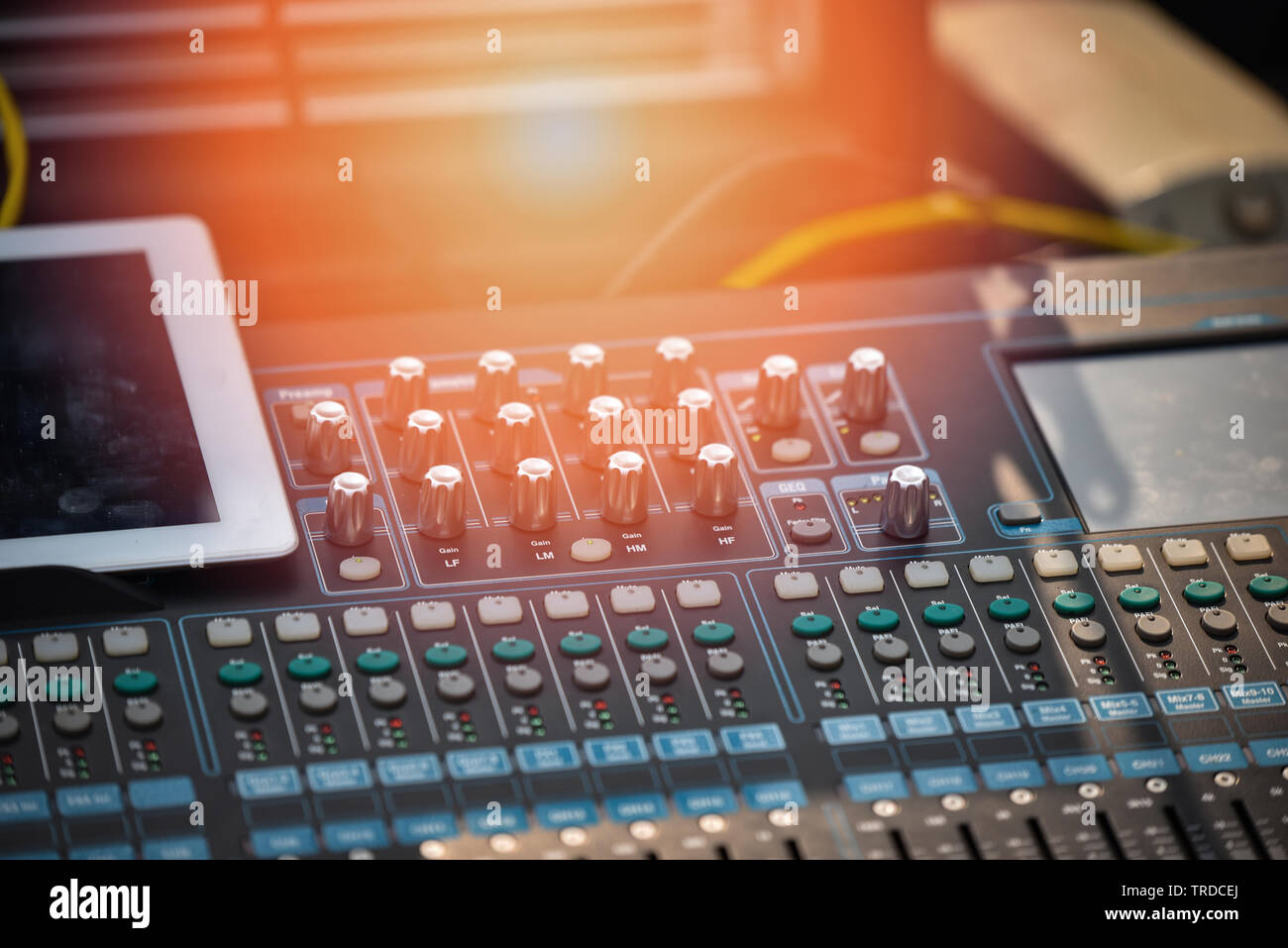 Professional audio mix sound control panel console / Sound technician ...