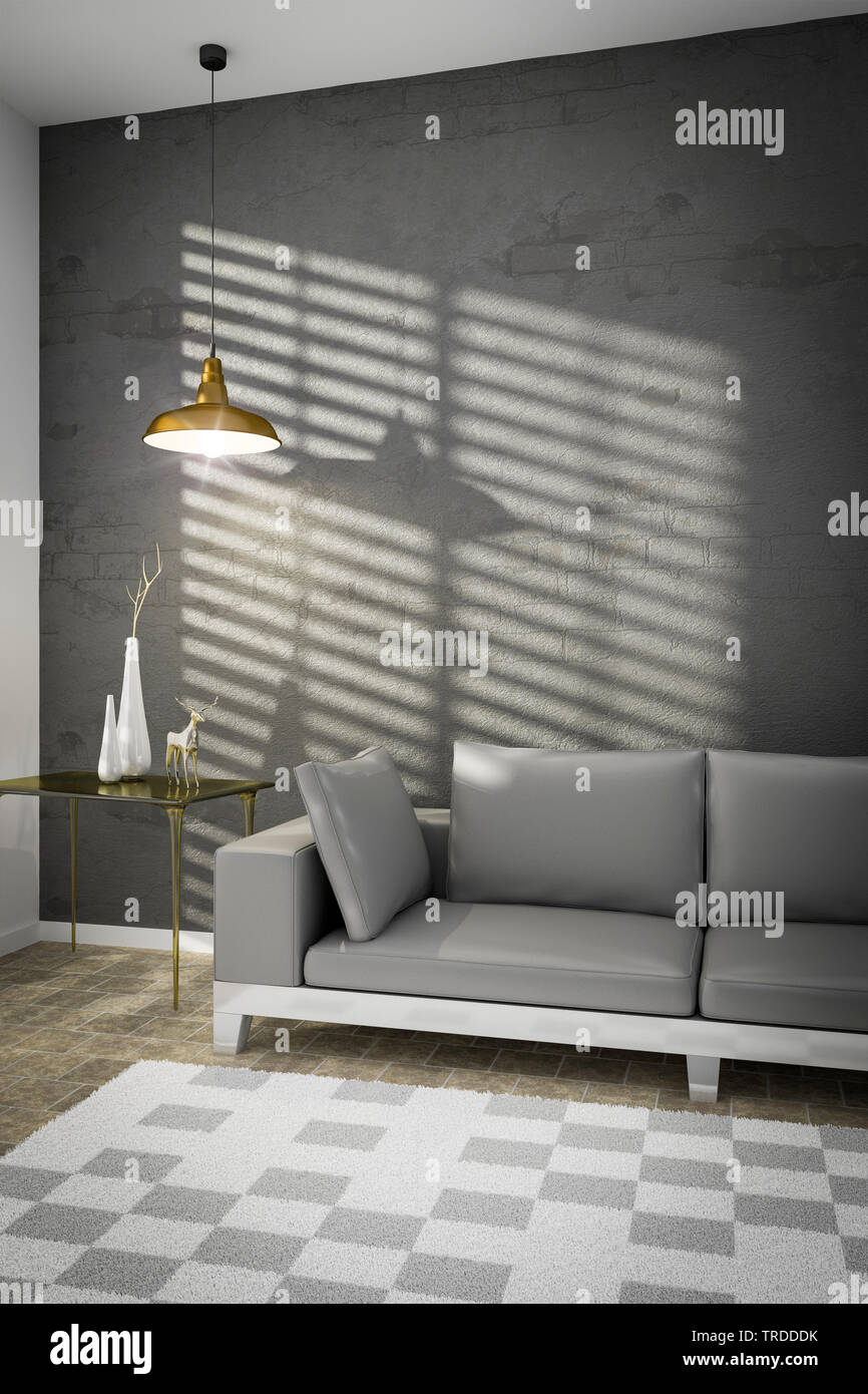3D computer graphic, Interior design with a sofa in grey color against ...
