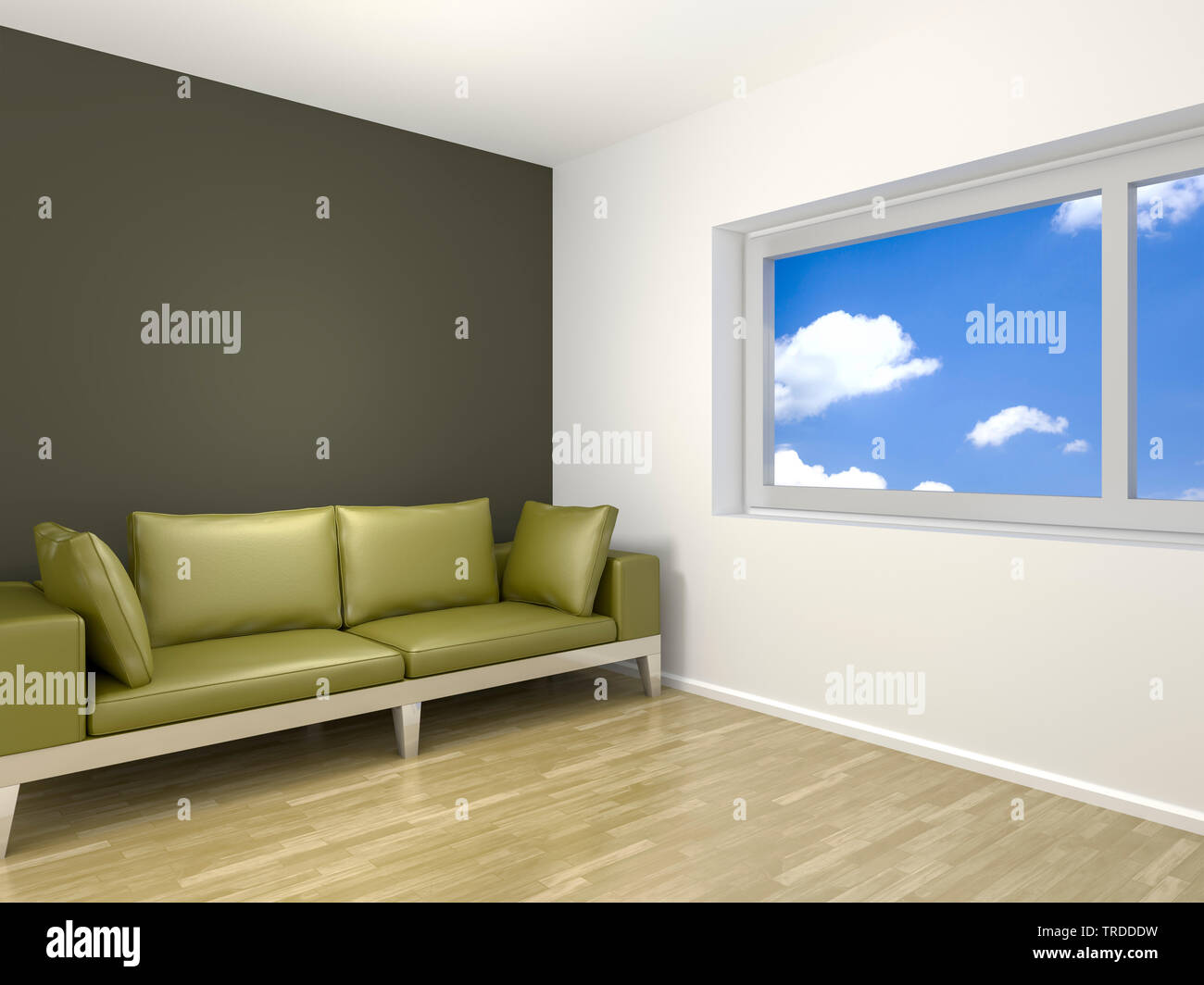 3D computer graphic, Interior design with a sofa in green color and a ...