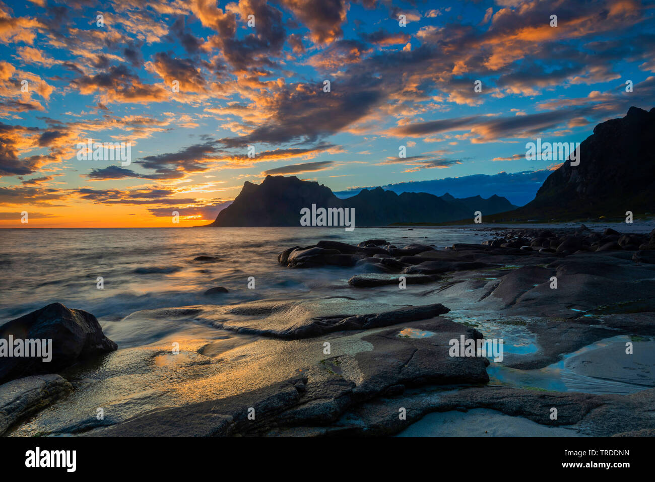 rocks on Uttakleiv beach in evening light, Norway, Lofoten Islands ...