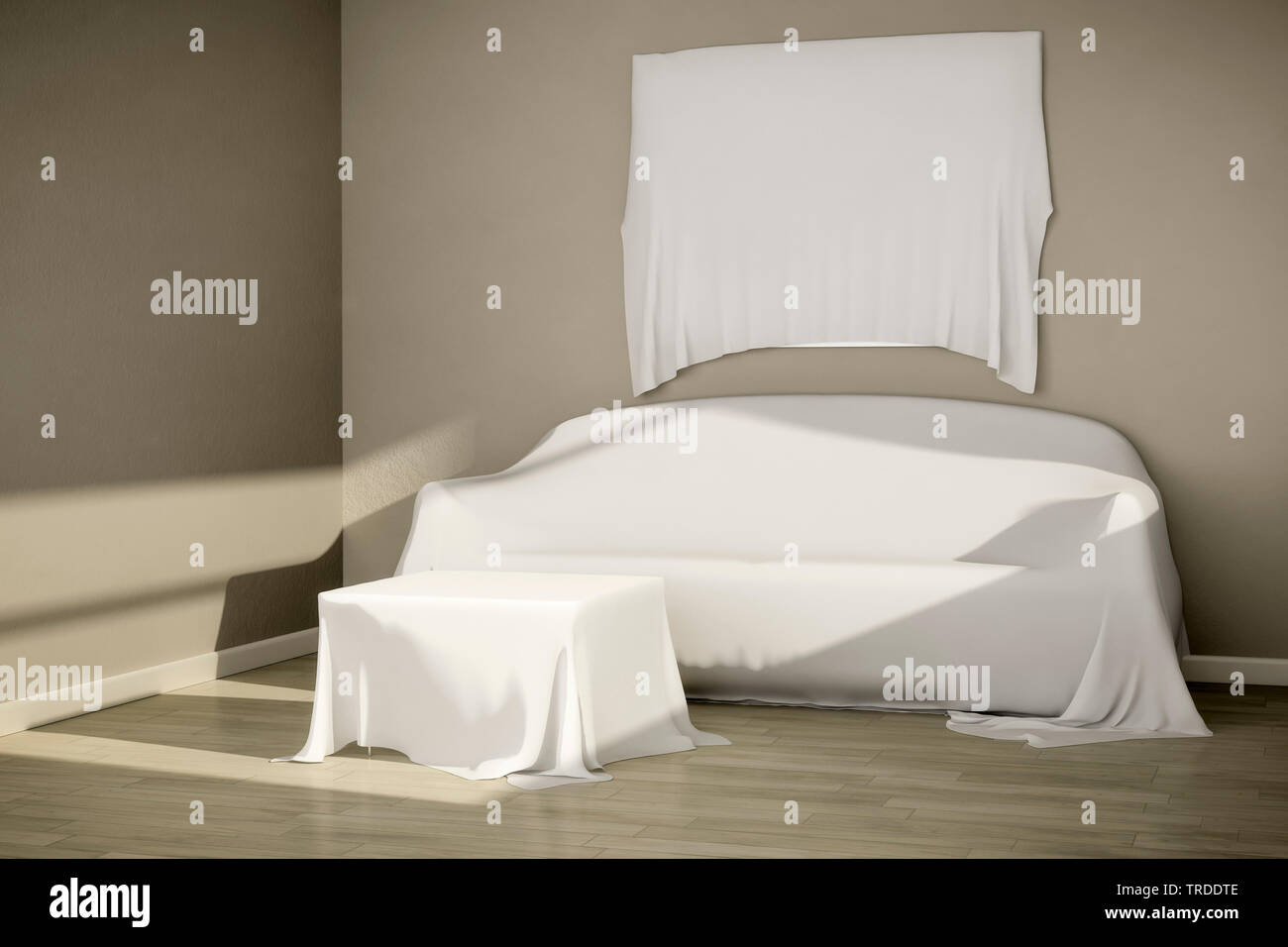 3D computer graphic, Interior design with a coverd sofa, table and ...