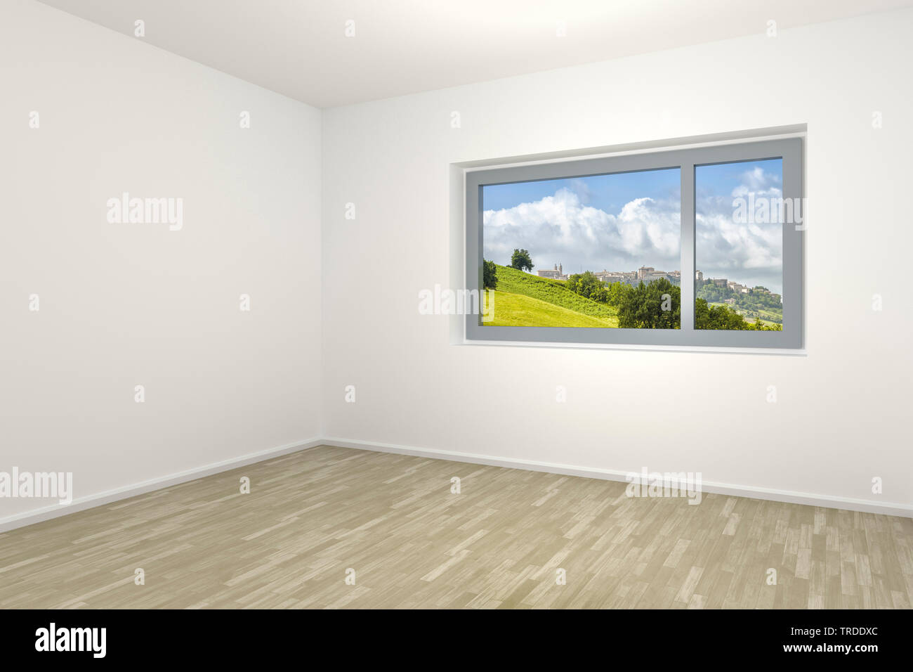 3D computer graphic, empty room with white walls and window unveiling a ...