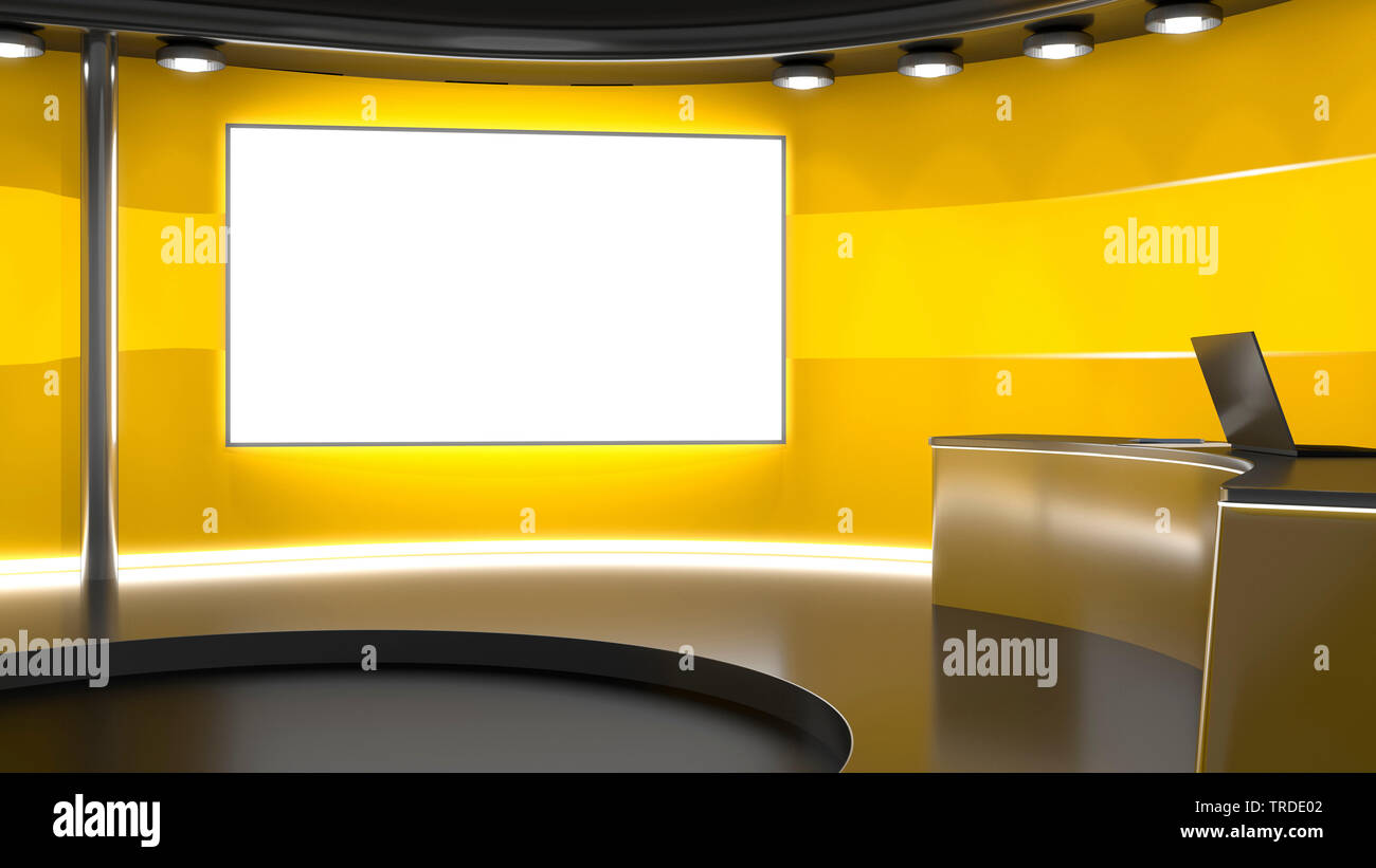 3D computer graphic, illustration of a television studio with yellow ...