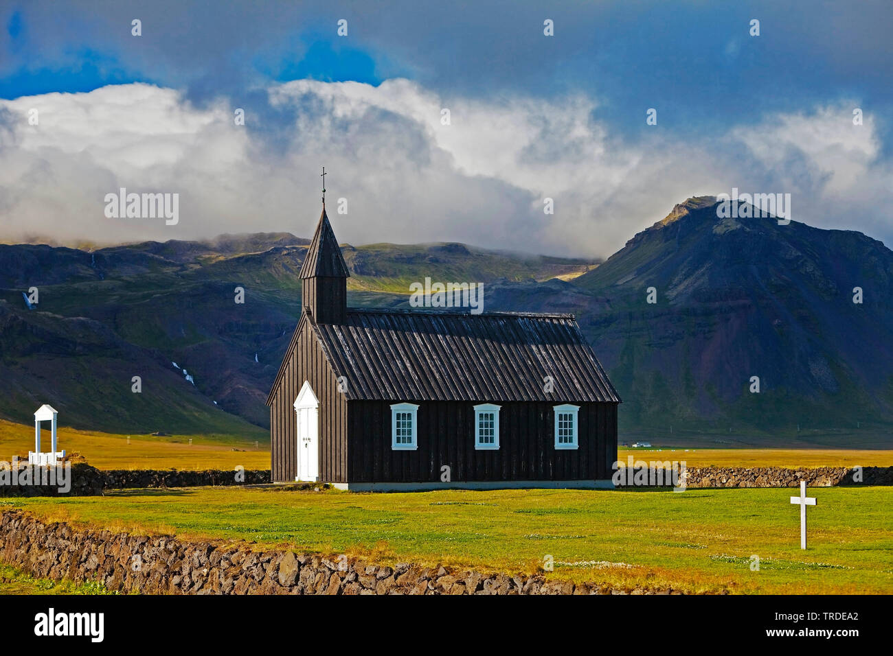 black wooden church of Budir, Iceland, Vesturland, Snaefellsnes, Budir ...