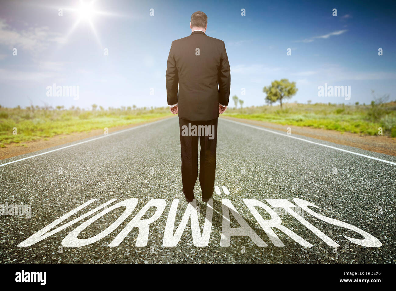 3D computer graphic, person standing on a straight highway section ...