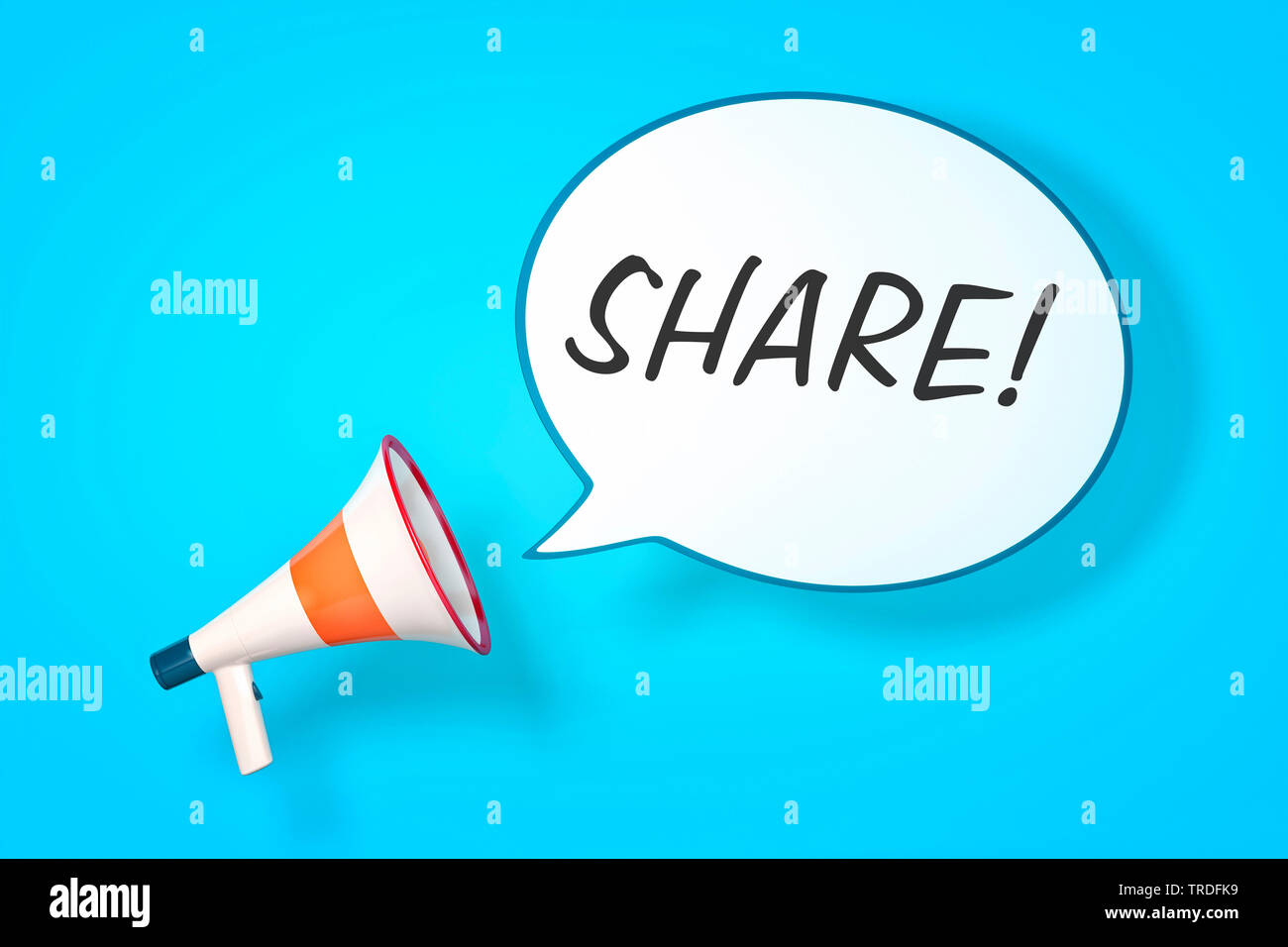 3D computer graphic, megaphone with speech bubble SHARE! against blue ...