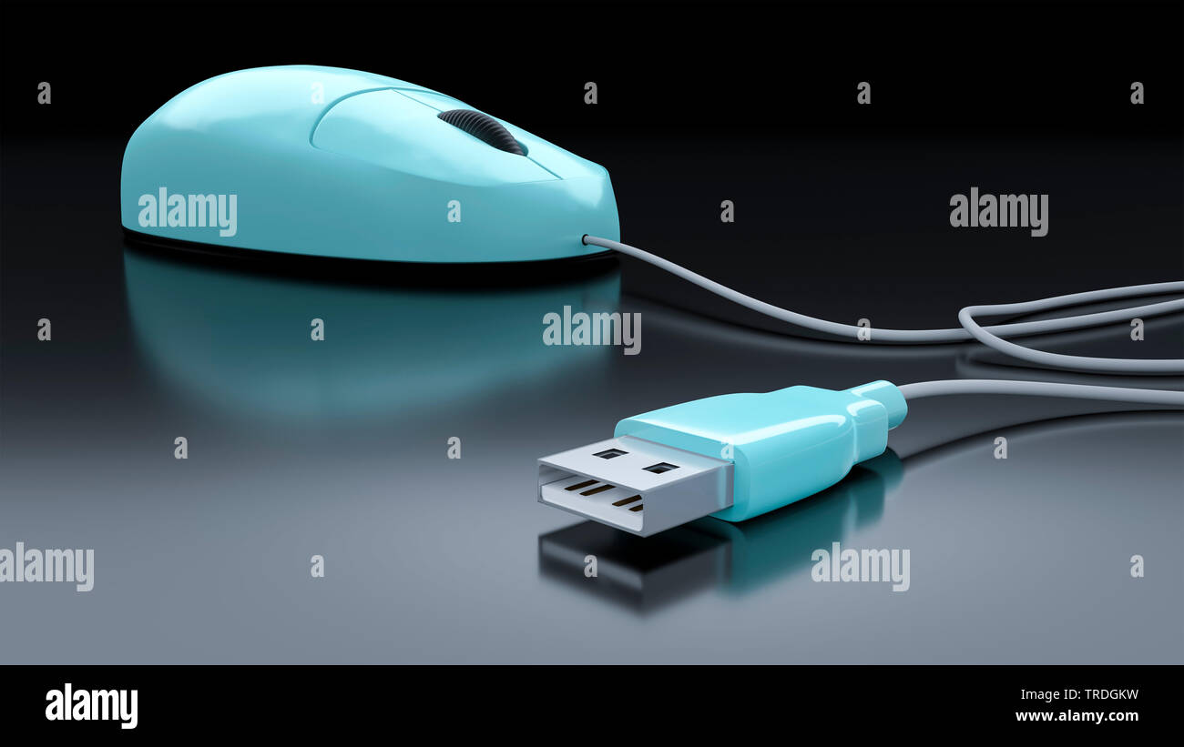 3D computer graphic, computer mouse in turquoise color with cable and ...
