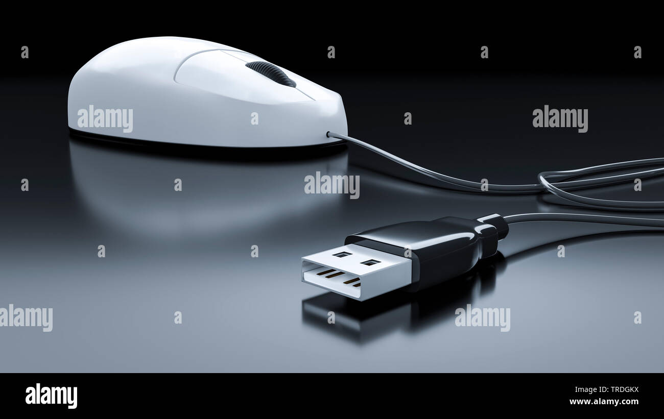 3D computer graphic, computer mouse in white color with cable and USB ...