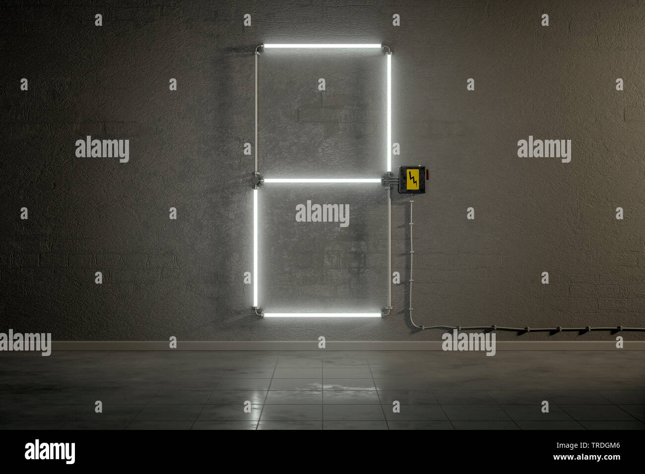 3D computer graphic, one-digit counter built out of neon tubes ...