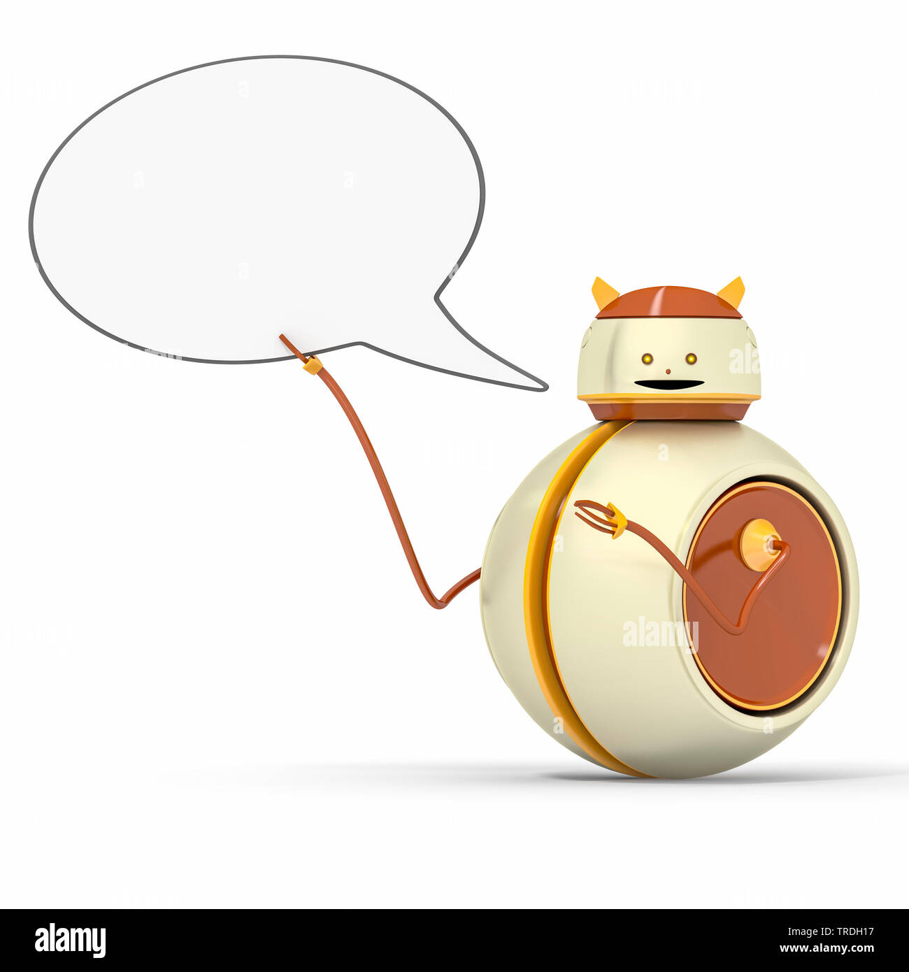 3D computer graphic, round cute robot in white color with empty speech ...