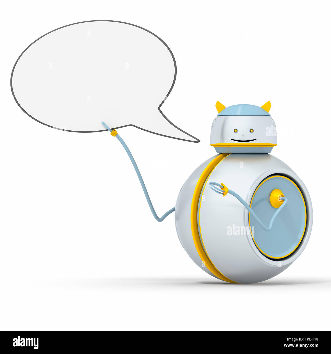 3D computer graphic, round cute robot in white color with empty speech ...
