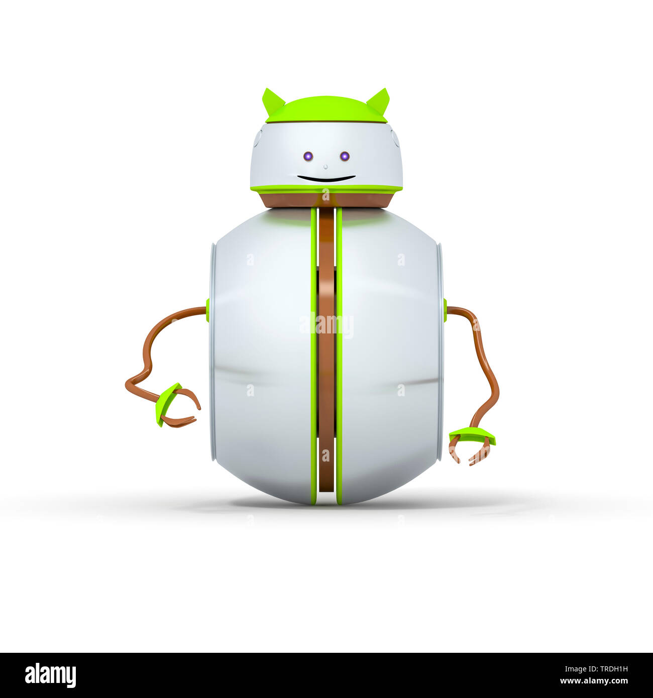 3D computer graphic, round cute robot in white color with arms streched ...