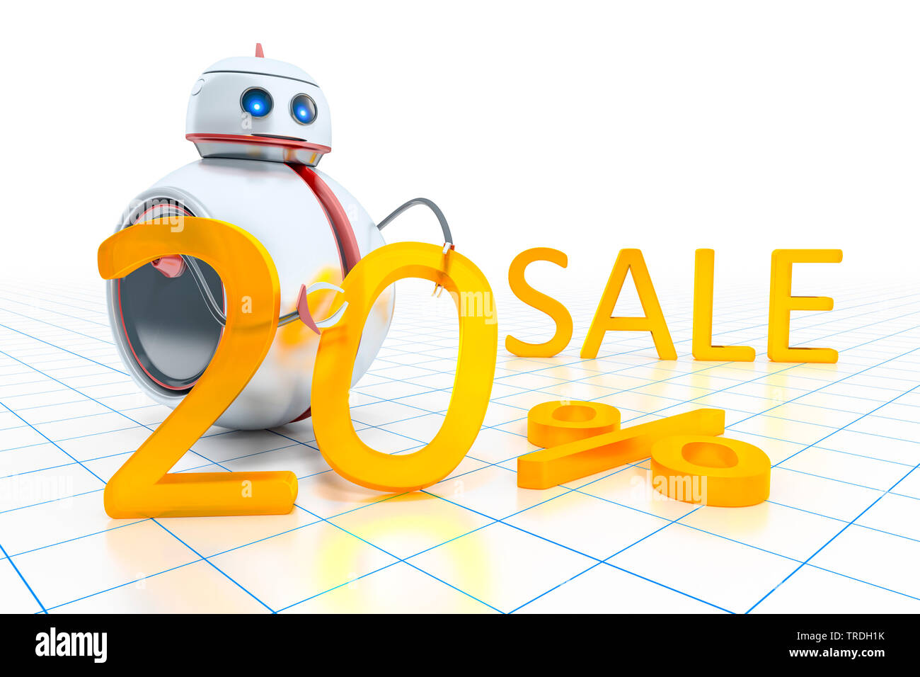 3D computer graphic, round cute robot in white color standing behind ...