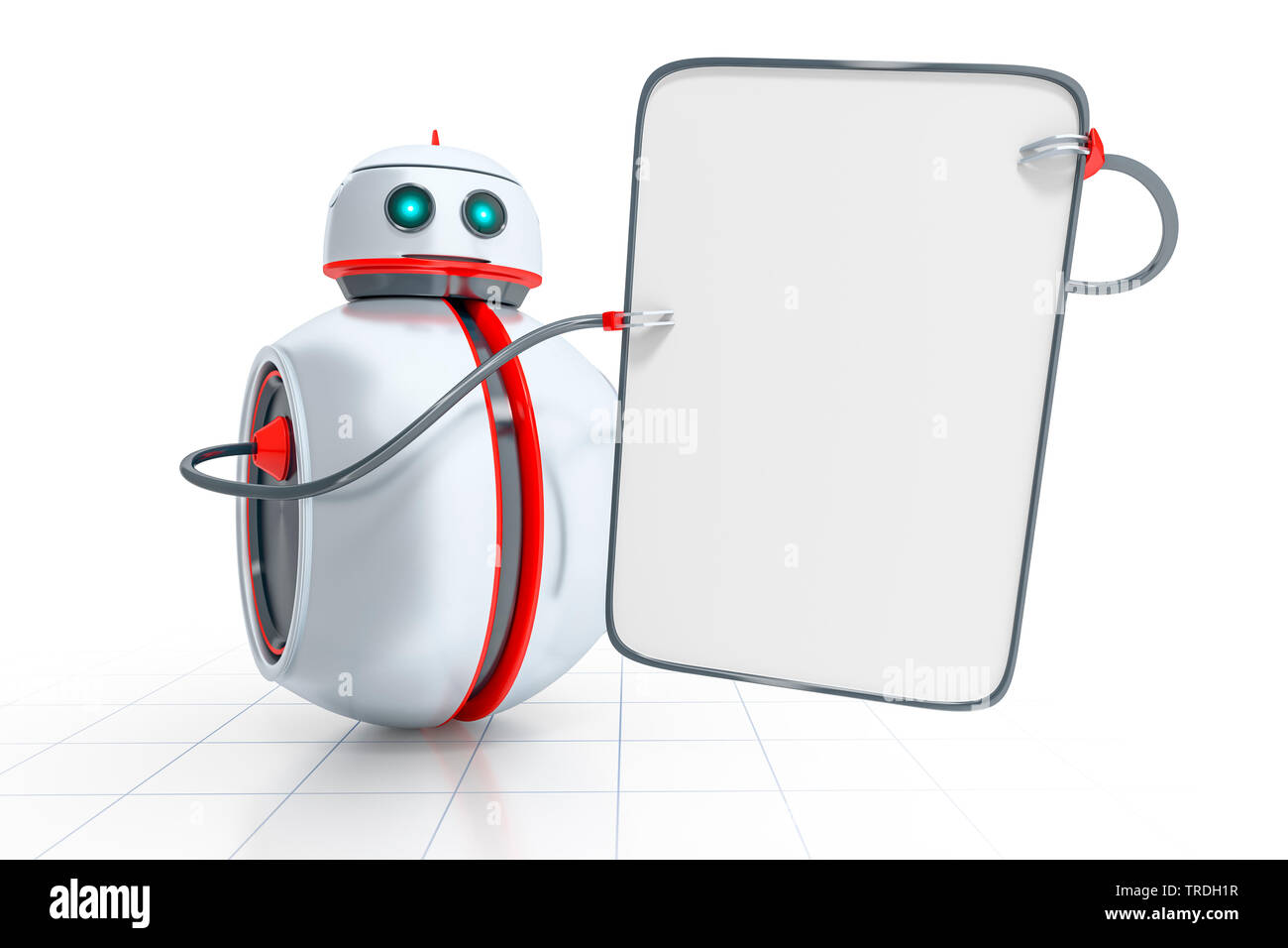 3D computer graphic, round cute robot holding an empty sign against ...