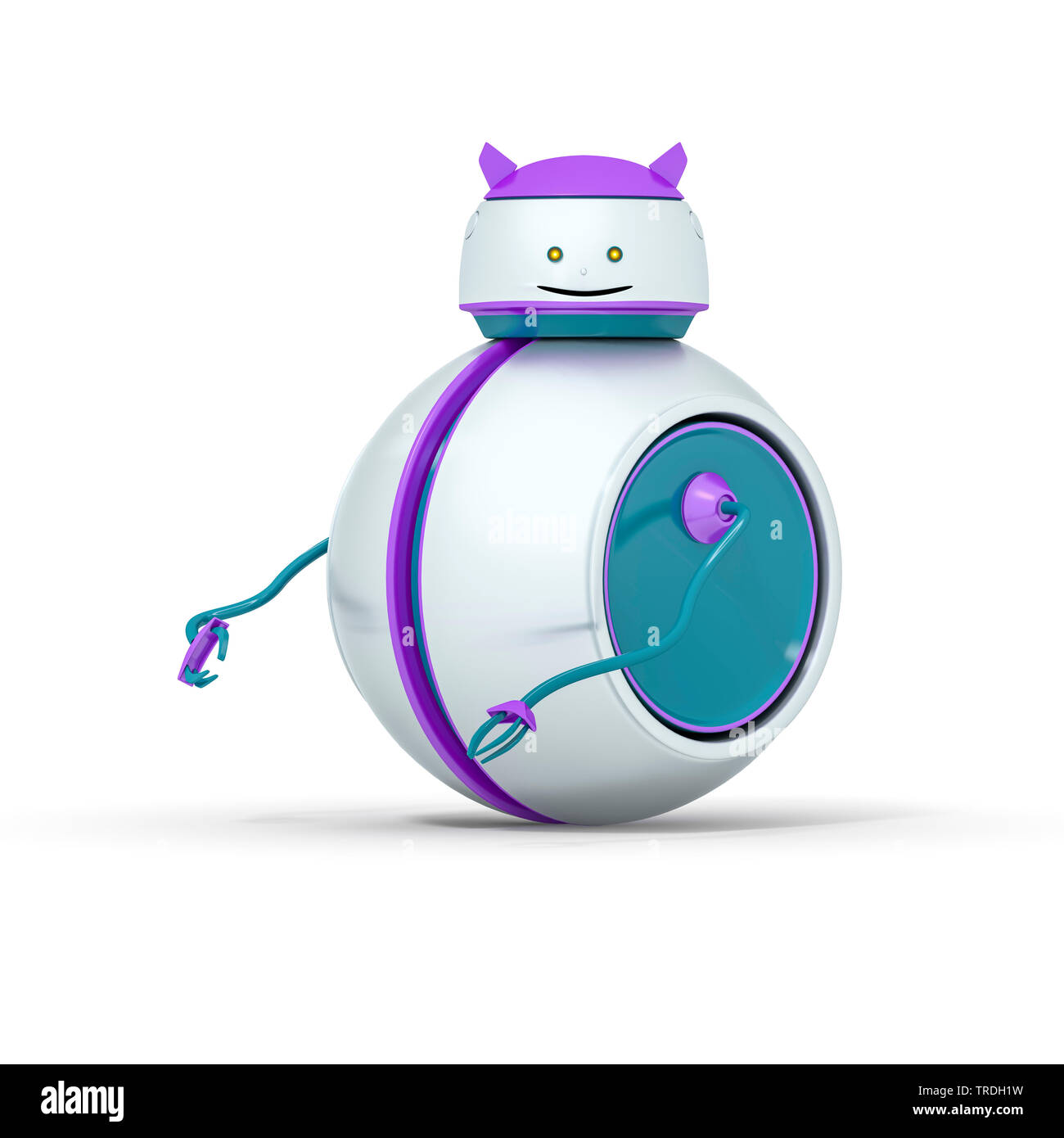 3D computer graphic, round cute robot in white color with arms streched ...