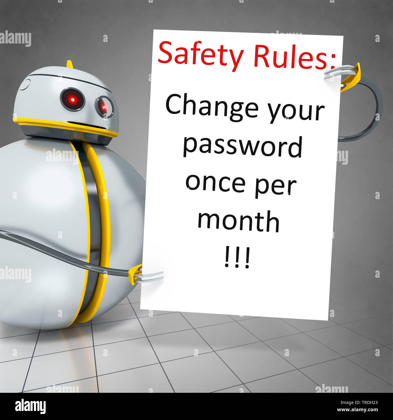 3D computer graphic, round cute robot holding a sign lettering CHANGE ...