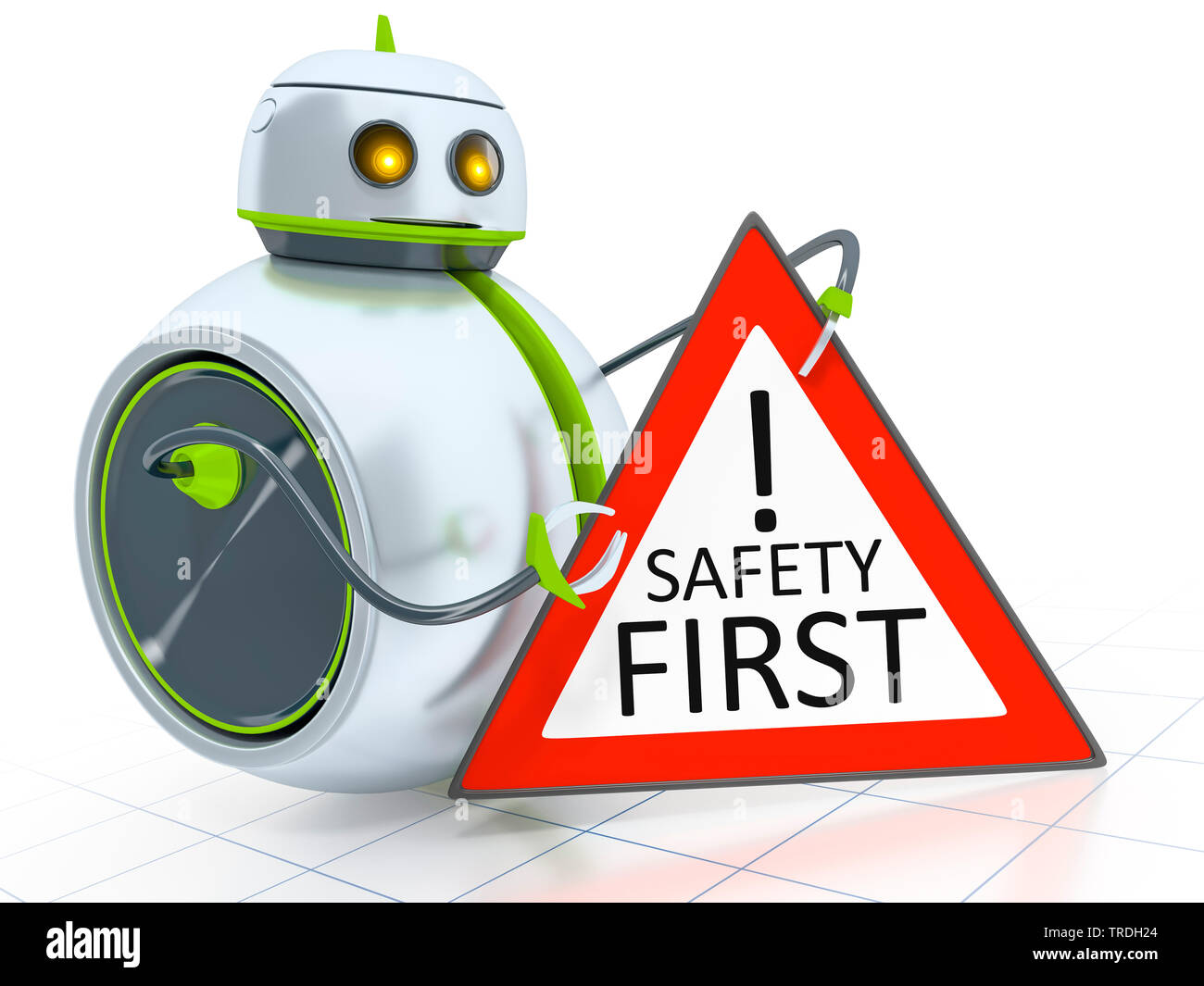 3D computer graphic, round cute robot holding a warning sign SAFETY ...