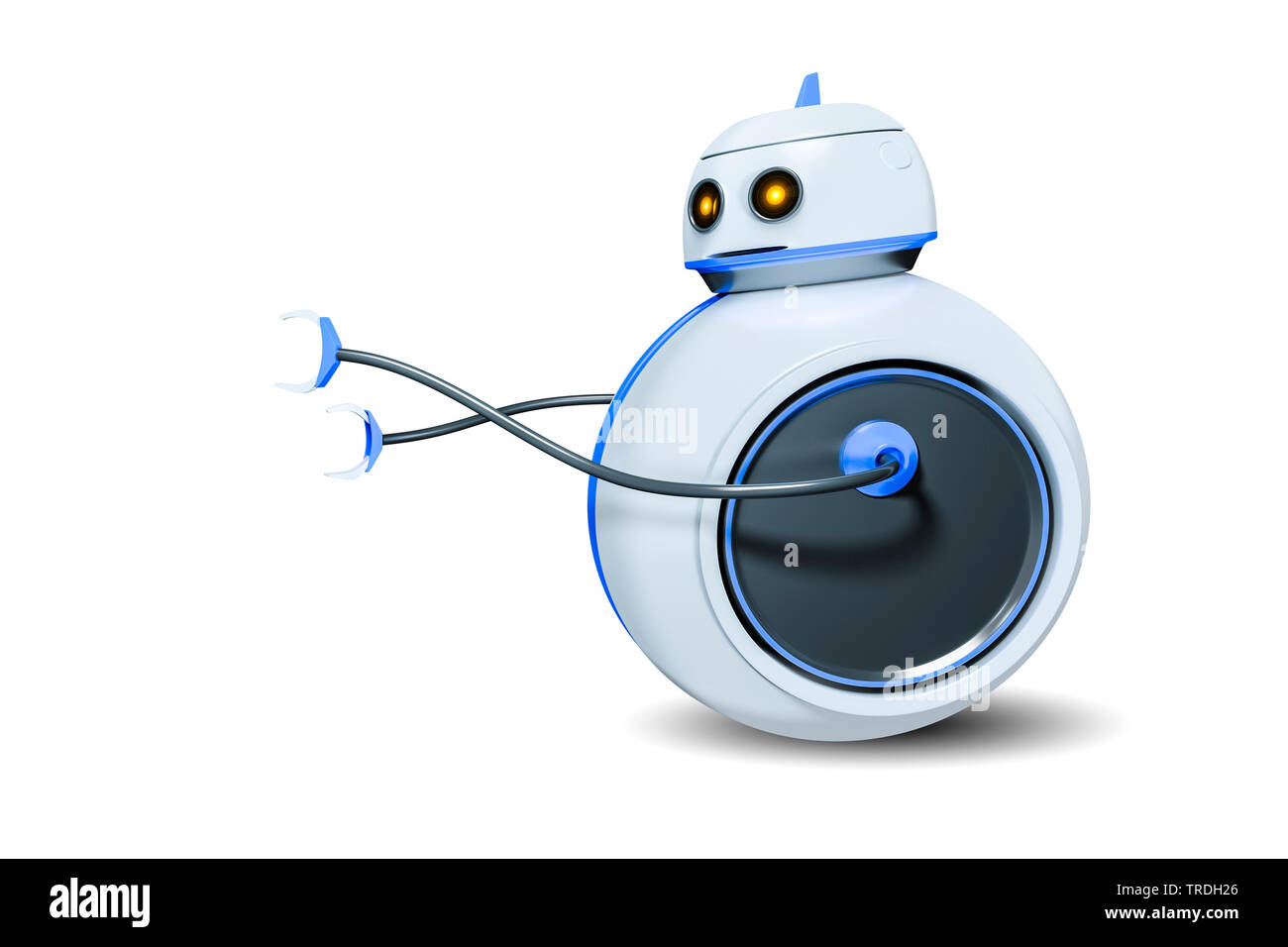 3D computer graphic, round cute robot in white color with arms streched ...