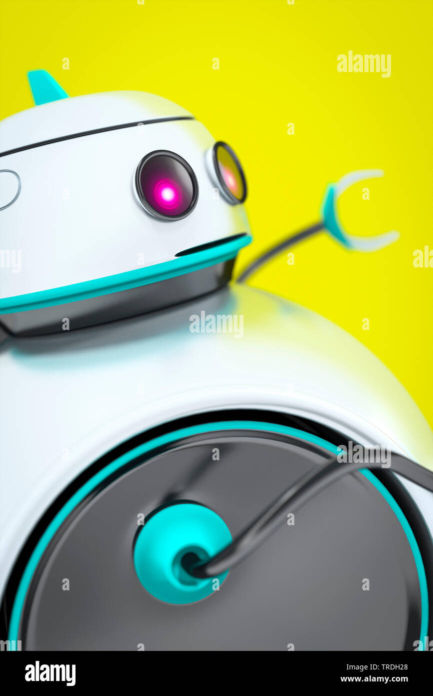 3D computer graphic, close up of a round cute robots in white color ...